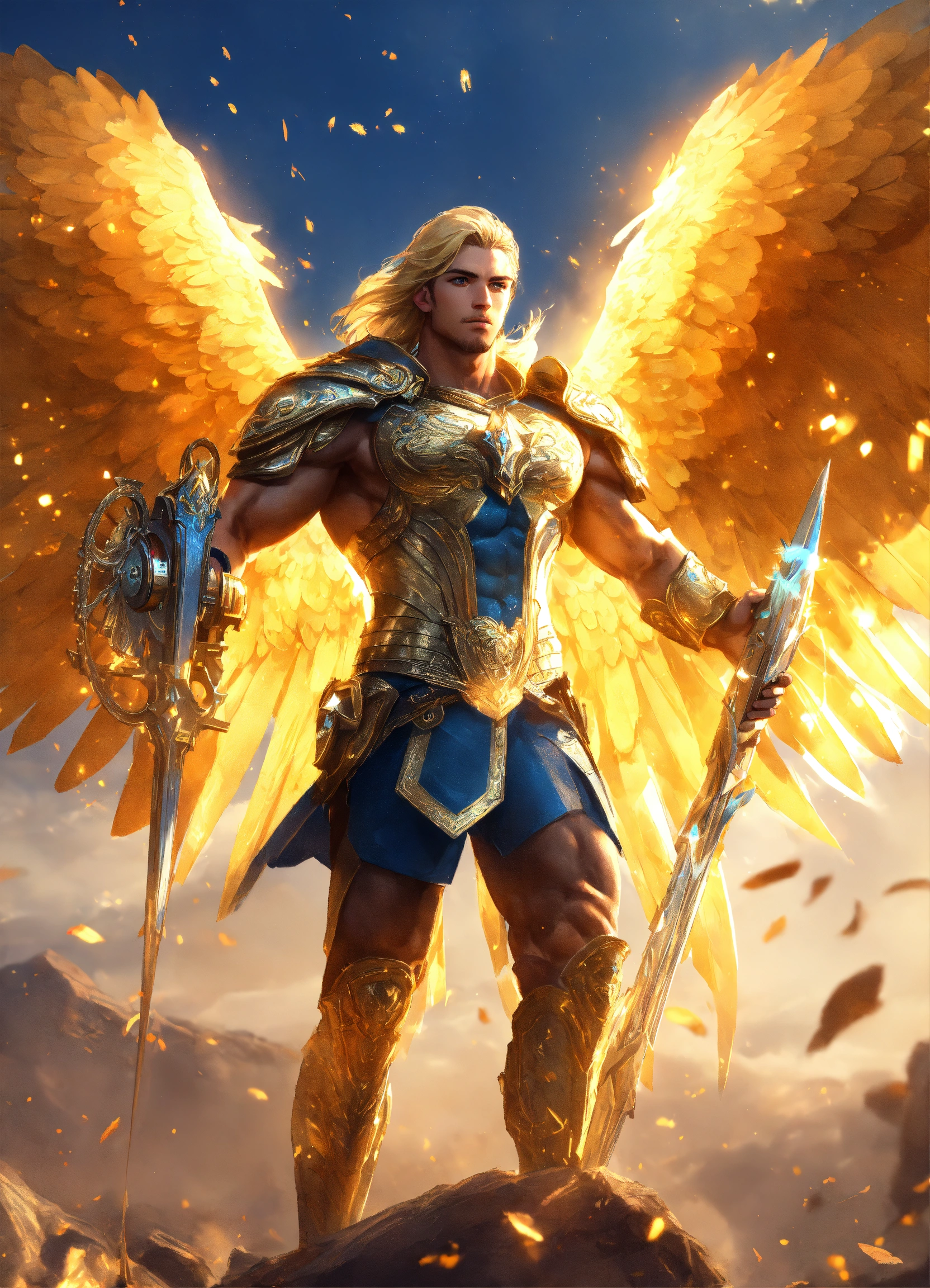 Lexica - "magical Angel of War, blue sky, rays of golden light, golden ...