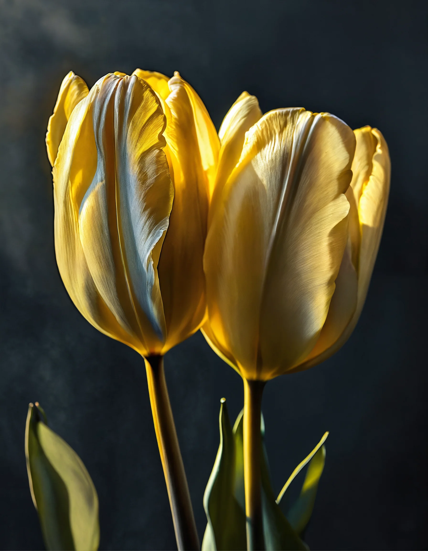 Lexica - Beautiful realistic light two tulip pastel yellow on a dark ...