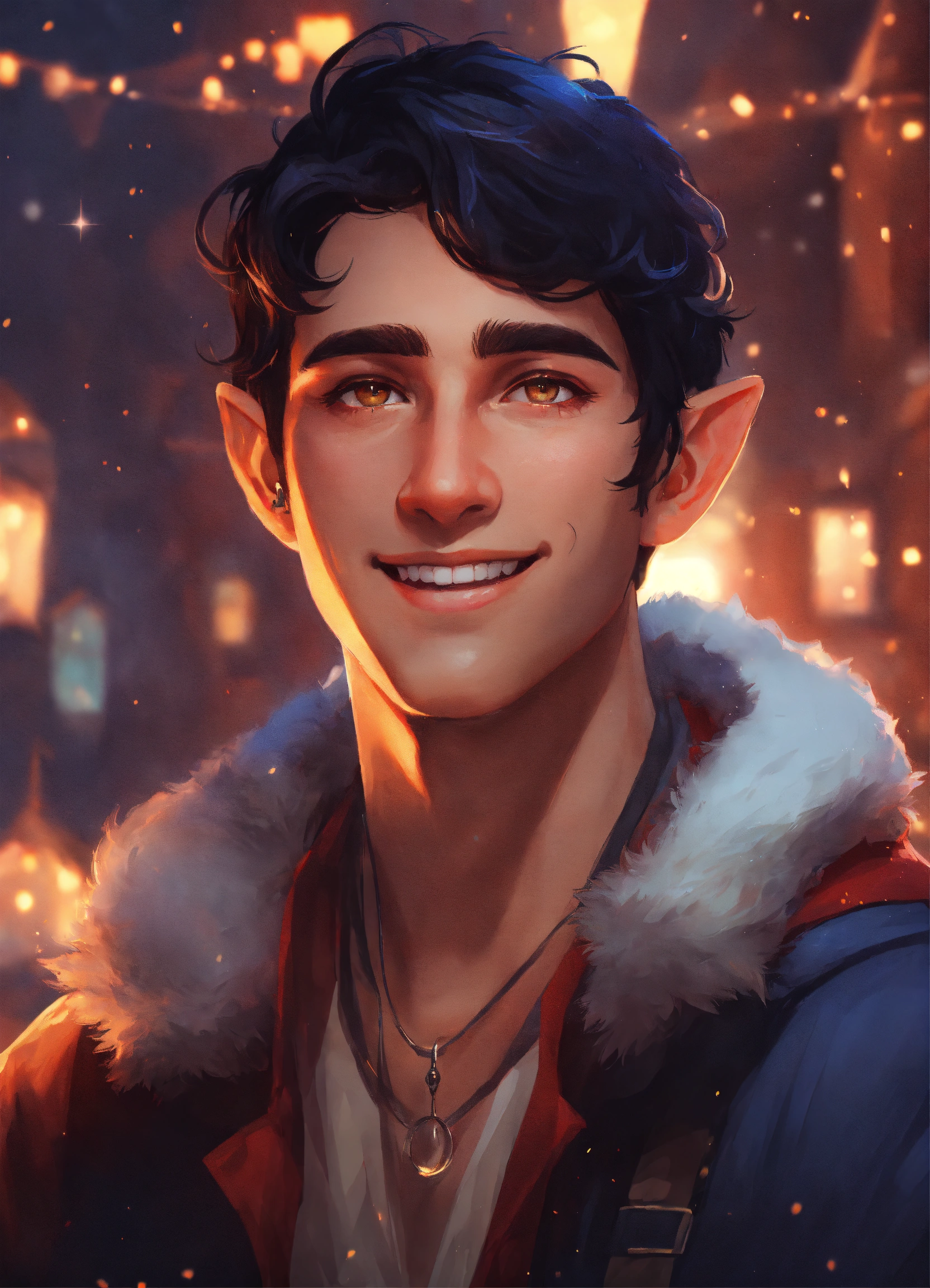 Lexica - 25 year old elf man, black hair, hazel eyes, smile, by james ...