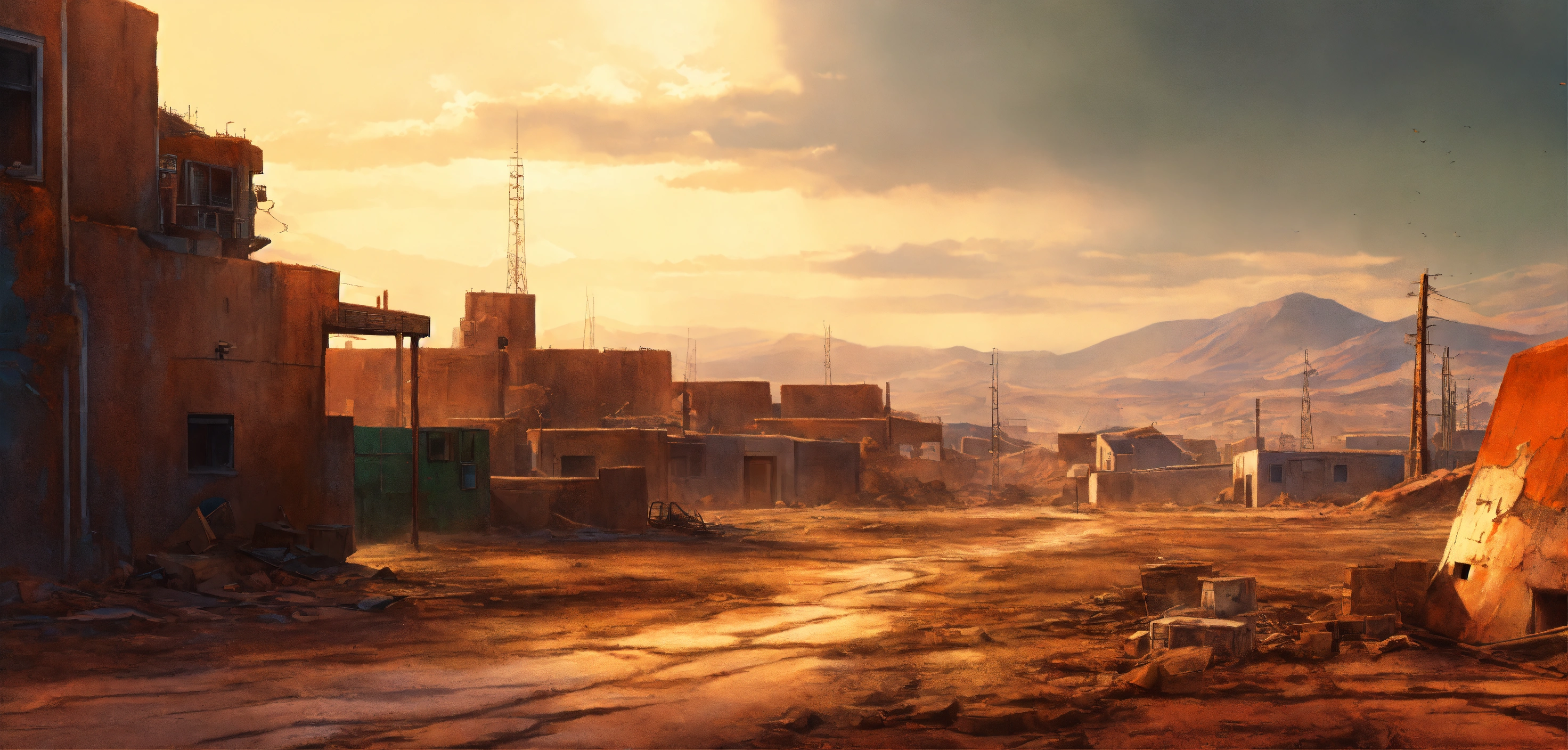 Lexica - Conept art, wasteland, small town in the distance, concrete ...