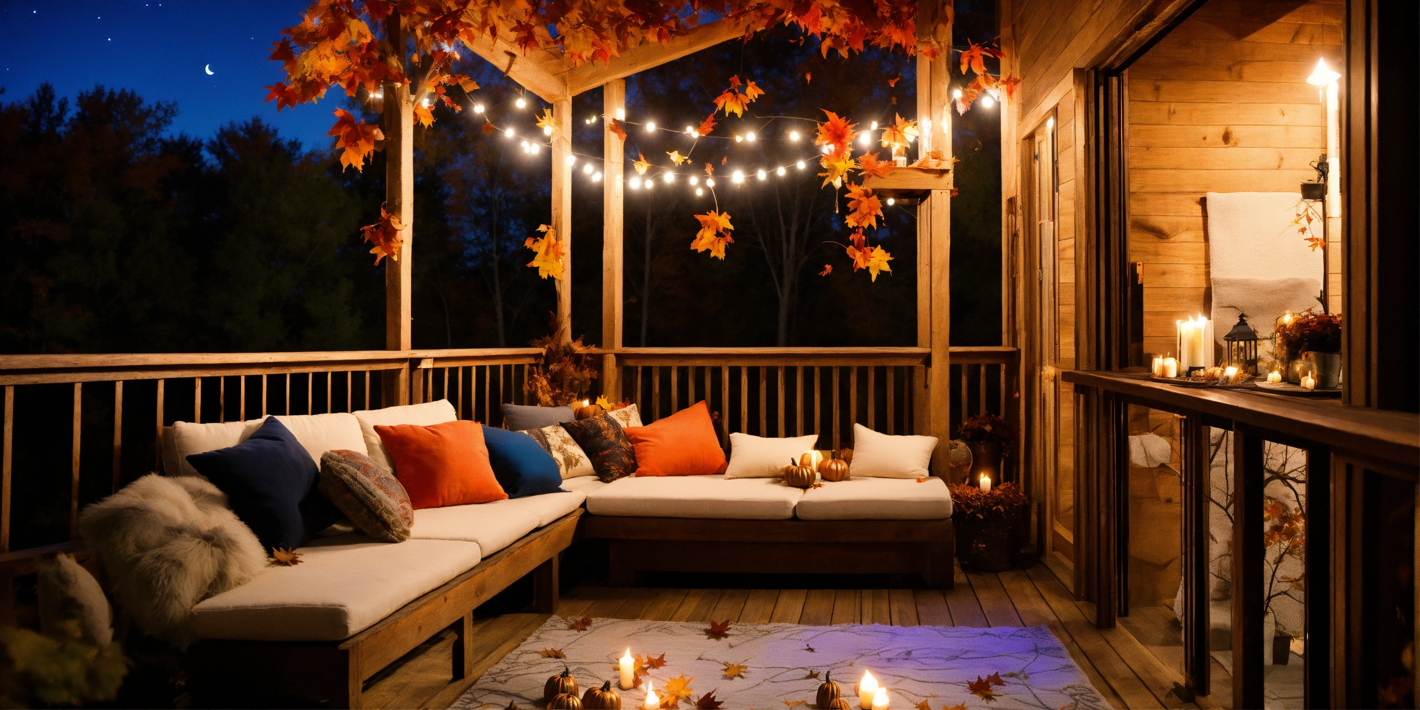 Lexica - Fall theme patio, big comfy couch, big fluffy white rug, fall ...