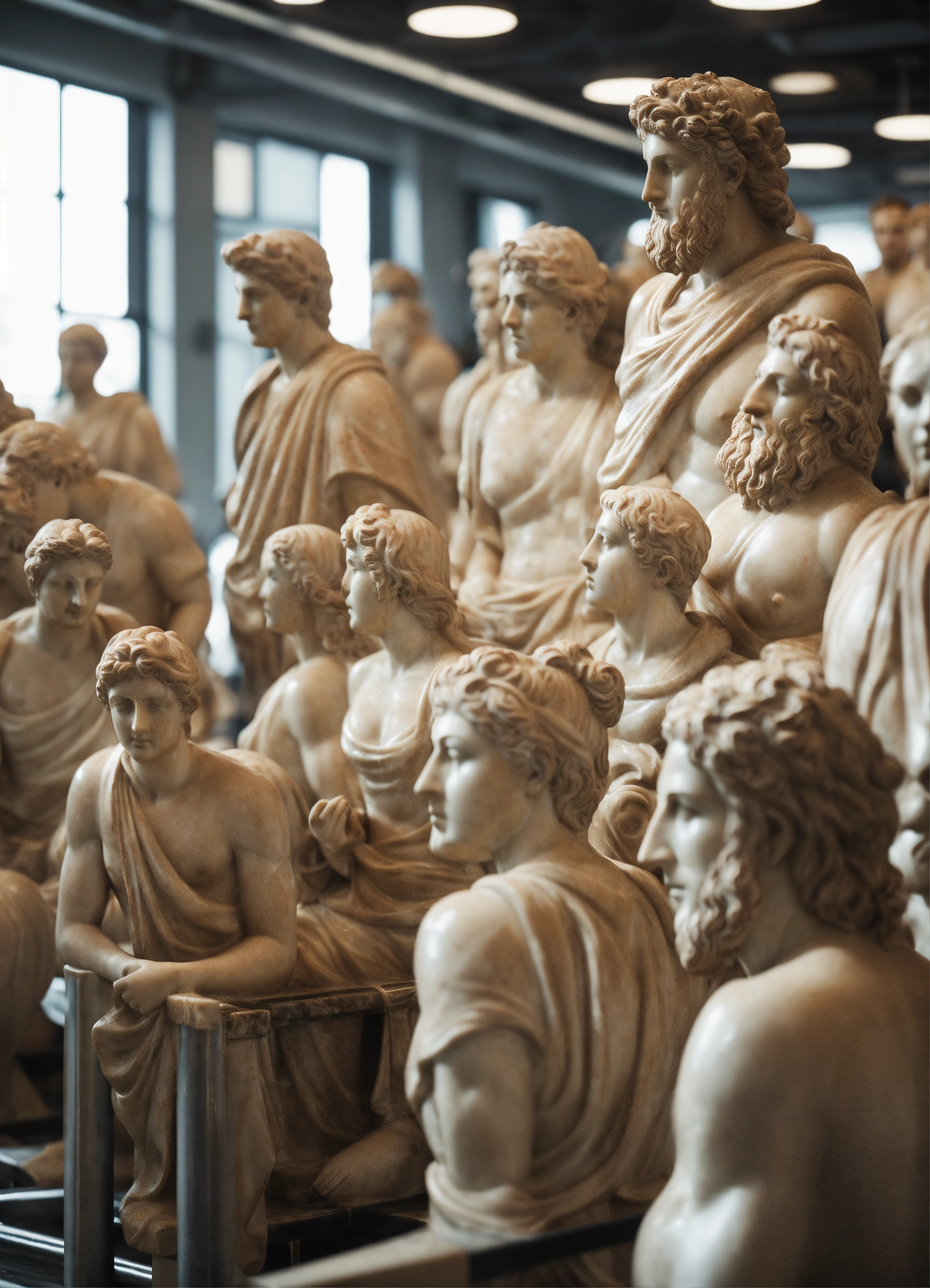 Lexica - Greek marble statues sitting in a very crowded gym during rush ...
