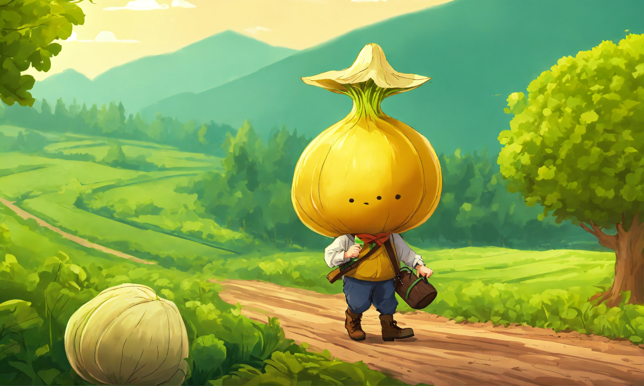 Lexica - Cartoon style one huge yellow turnip is growing in the field ...