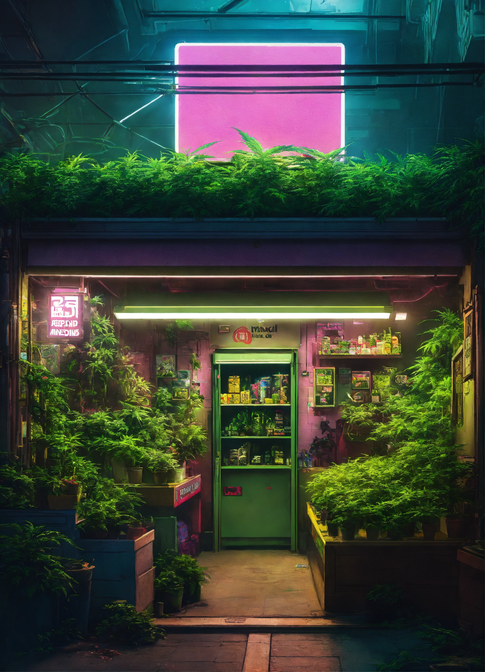 Lexica - Cyberpunk advertising poster of store surrounded by cannabis ...