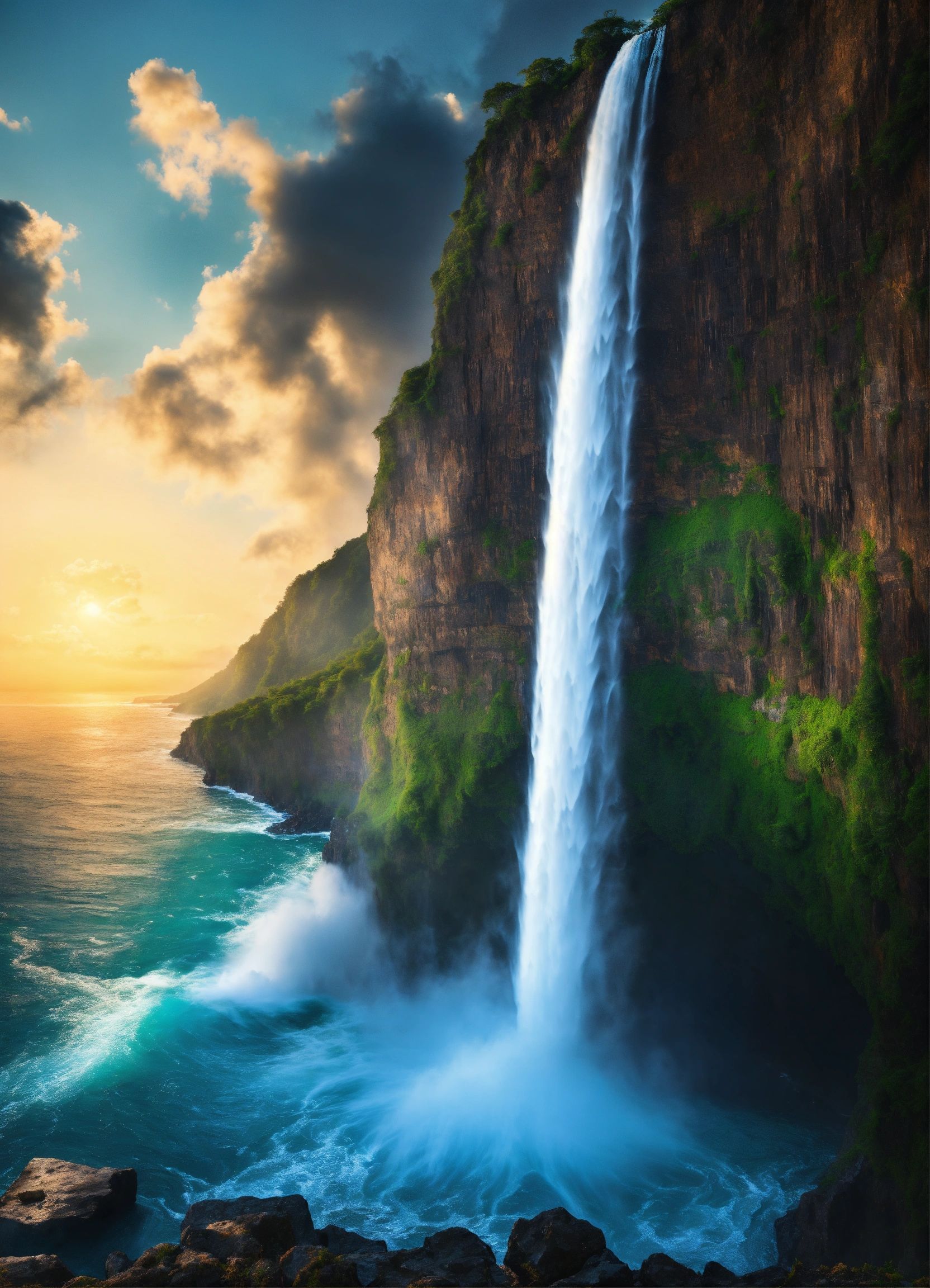 Lexica - A massive beautiful profound waterfall into a big ocean with a ...