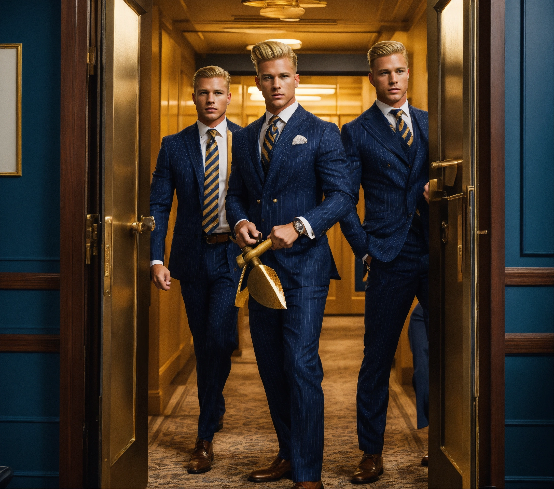 Lexica - Two blonde muscular men, navy pinstripe vested suit, golden ...