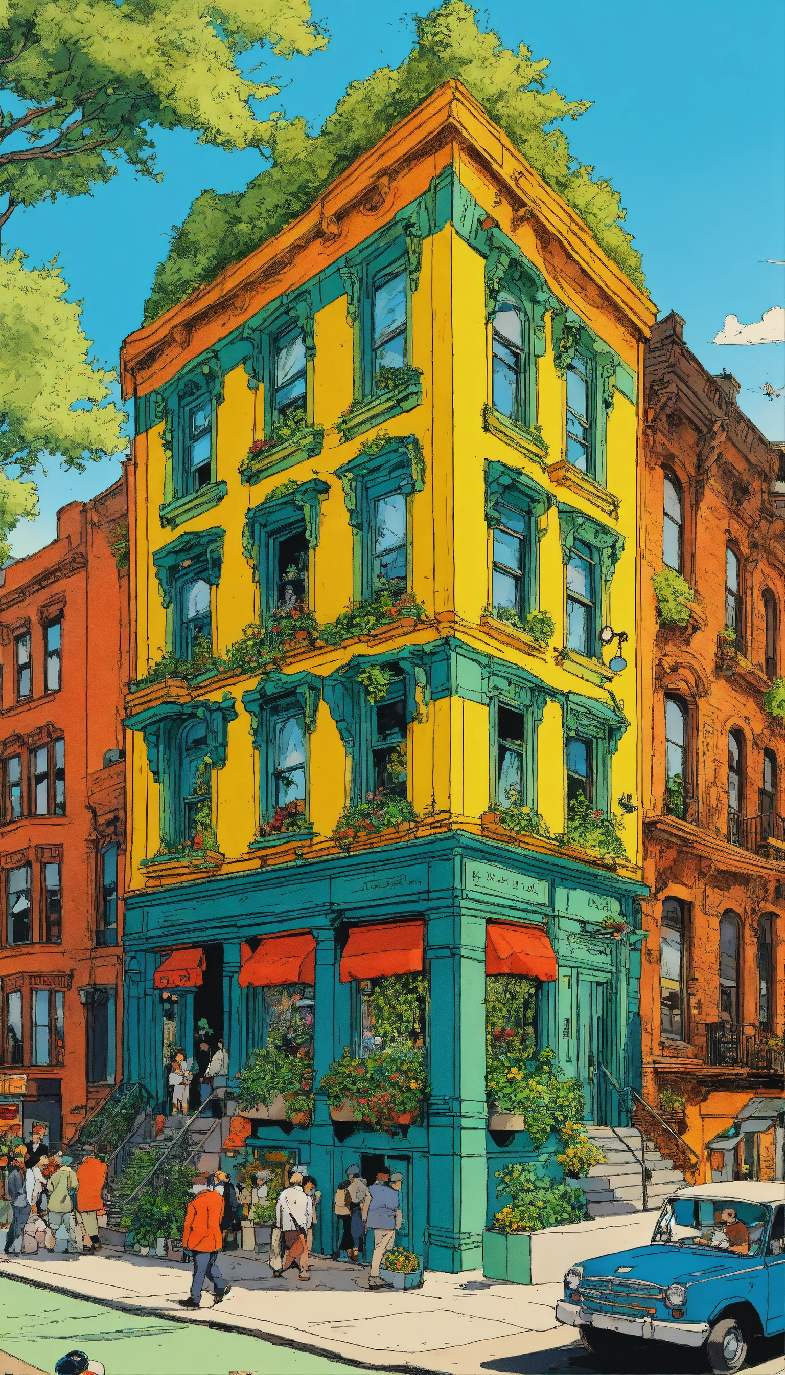 Lexica - Detailed, vibrant illustration of a NYC building full of ...