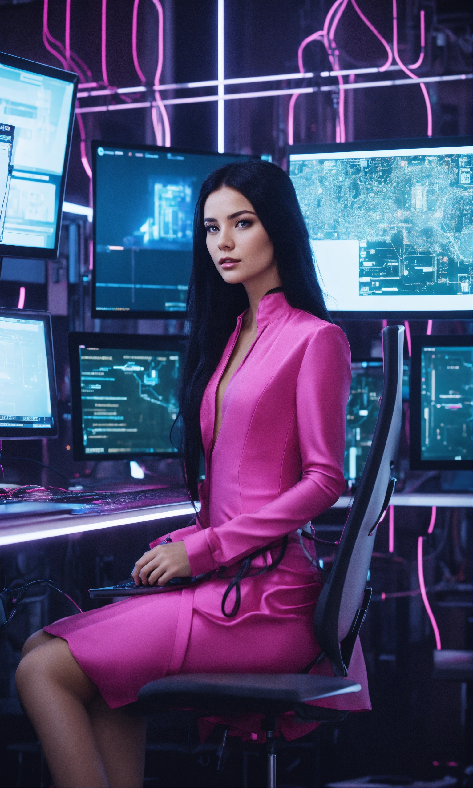 Lexica - Working woman in pink dress, dark long hair, technological lab with computer screens ...