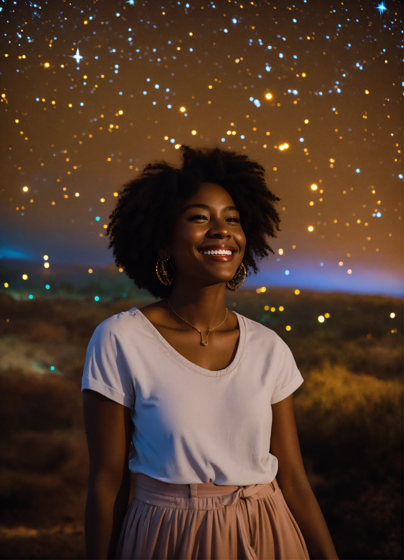 Lexica - Smiling melanin lady stargazing