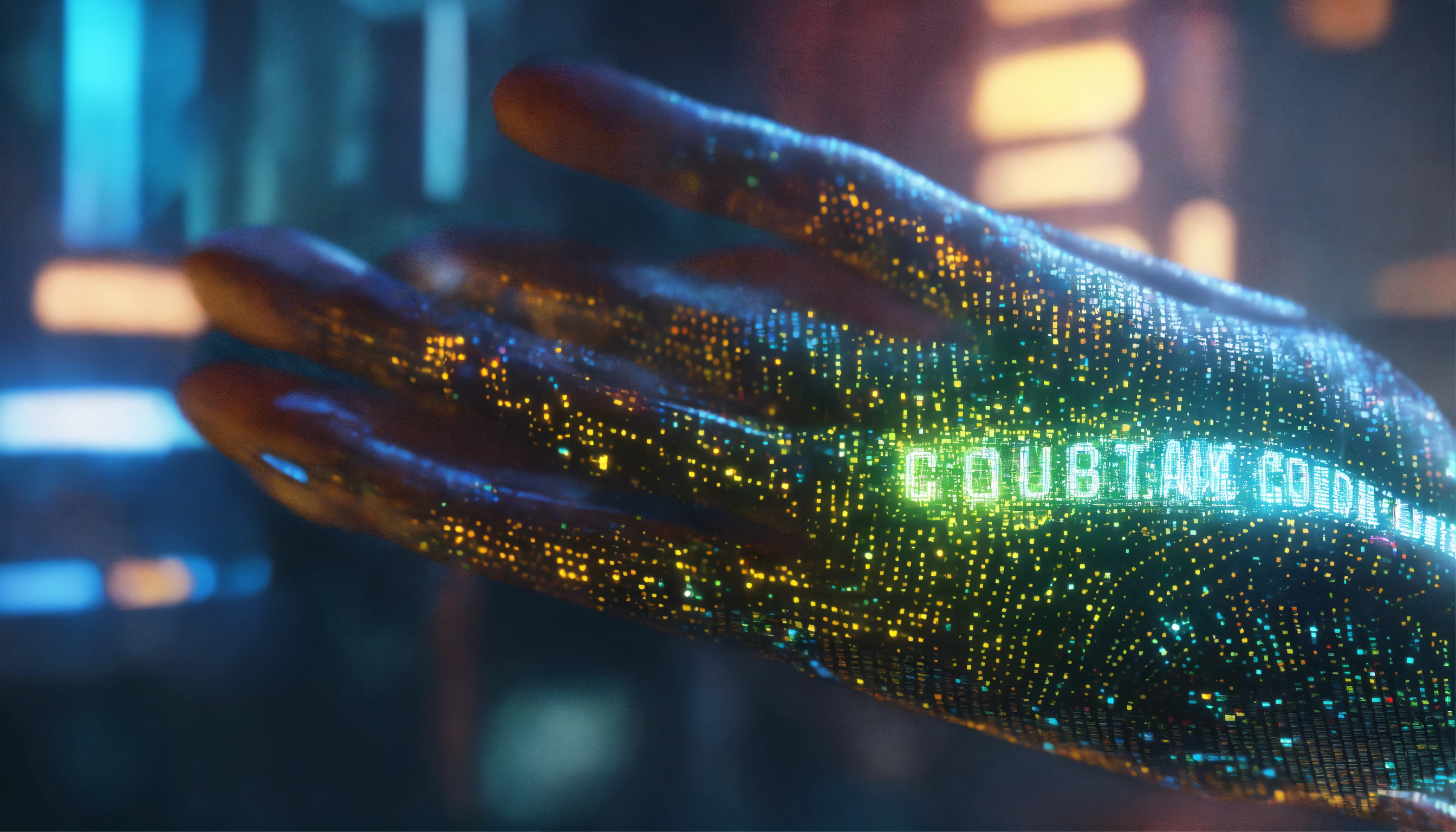 Lexica - Digital hologram code shines from the hand, cyberpunk style ...