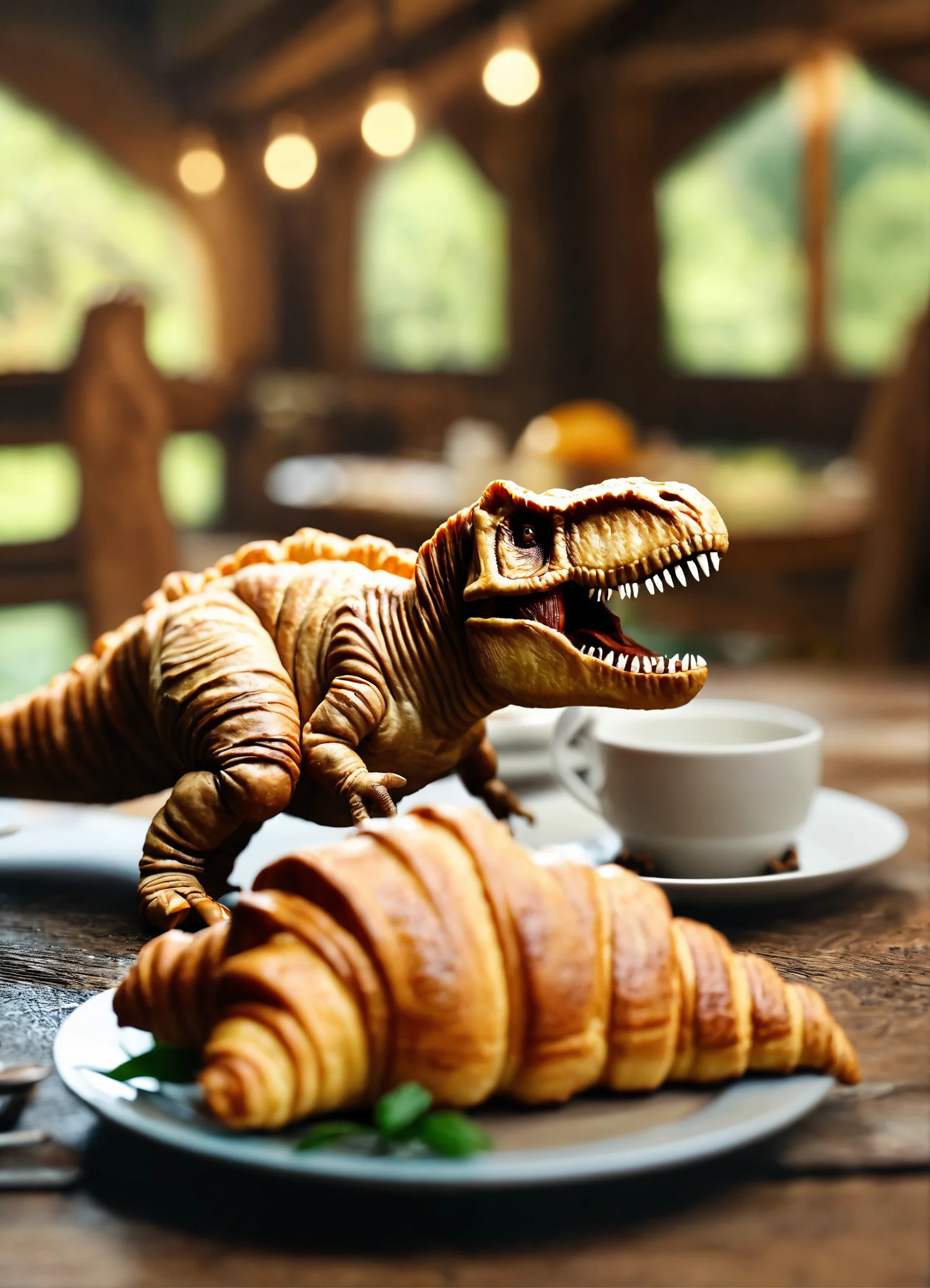 Lexica - A croissant Tyranosaurus Rex on a plate, a set breakfast table ...