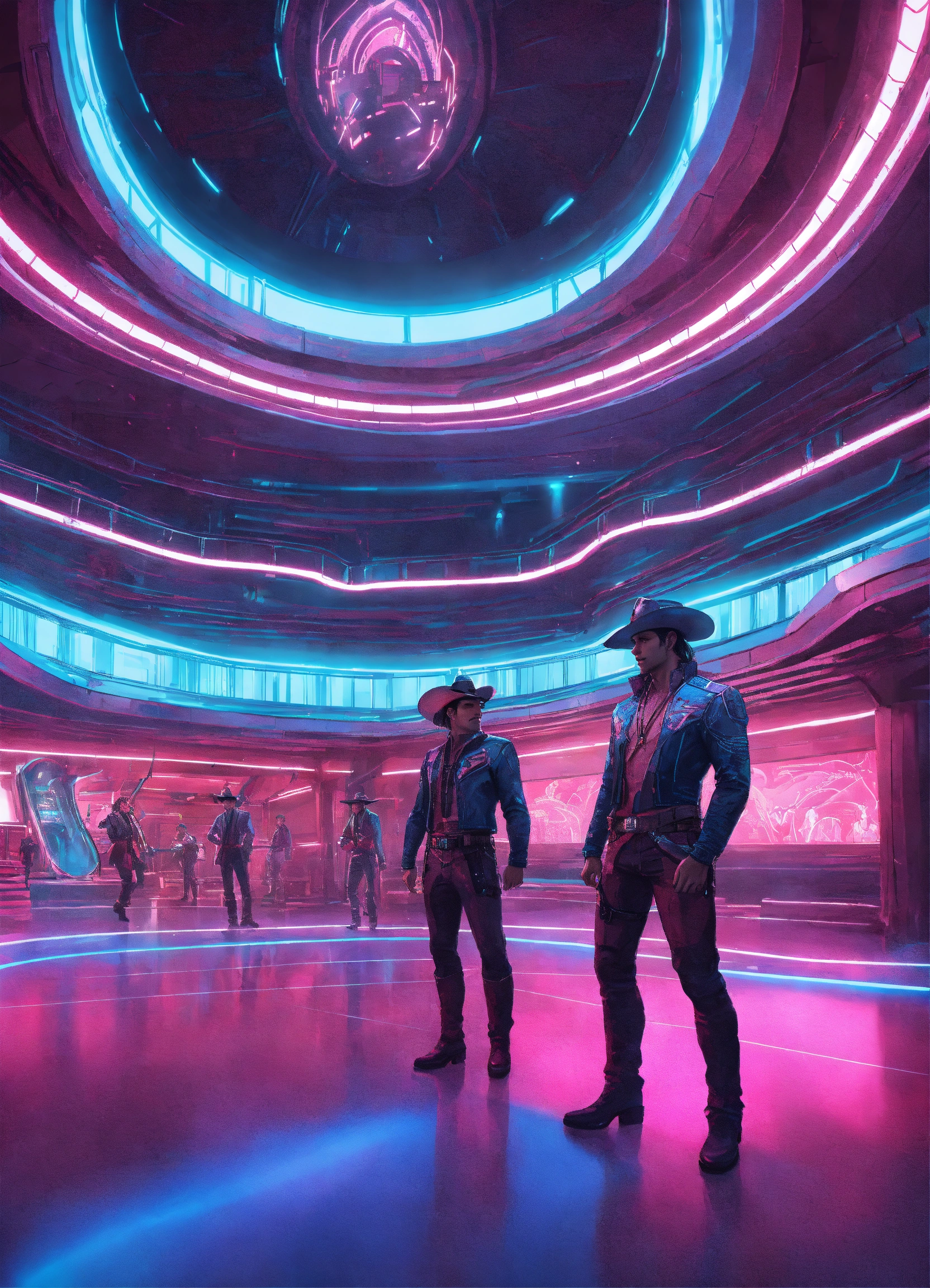 Lexica - Futuristic cowboys dancing in a futuristic dance hall. the ...
