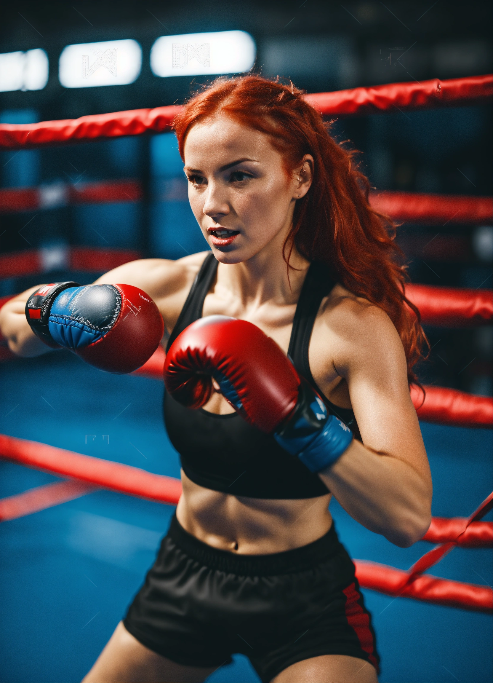Lexica - Athletic female with red hair training in boxing ring for fight