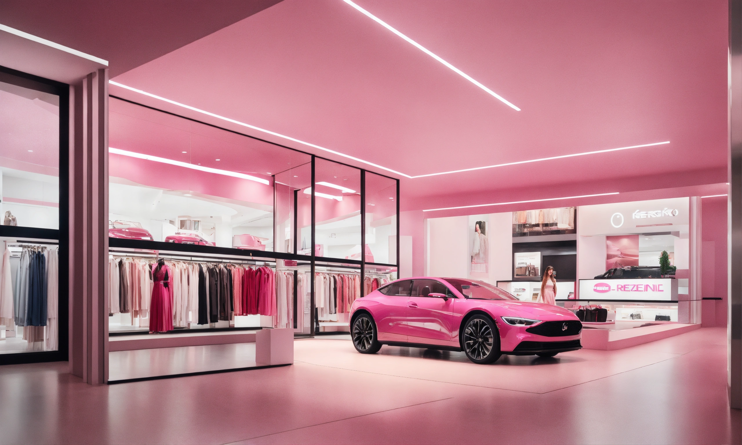 Lexica - Indoor, inside mall, small store, car rental store, pink car ...