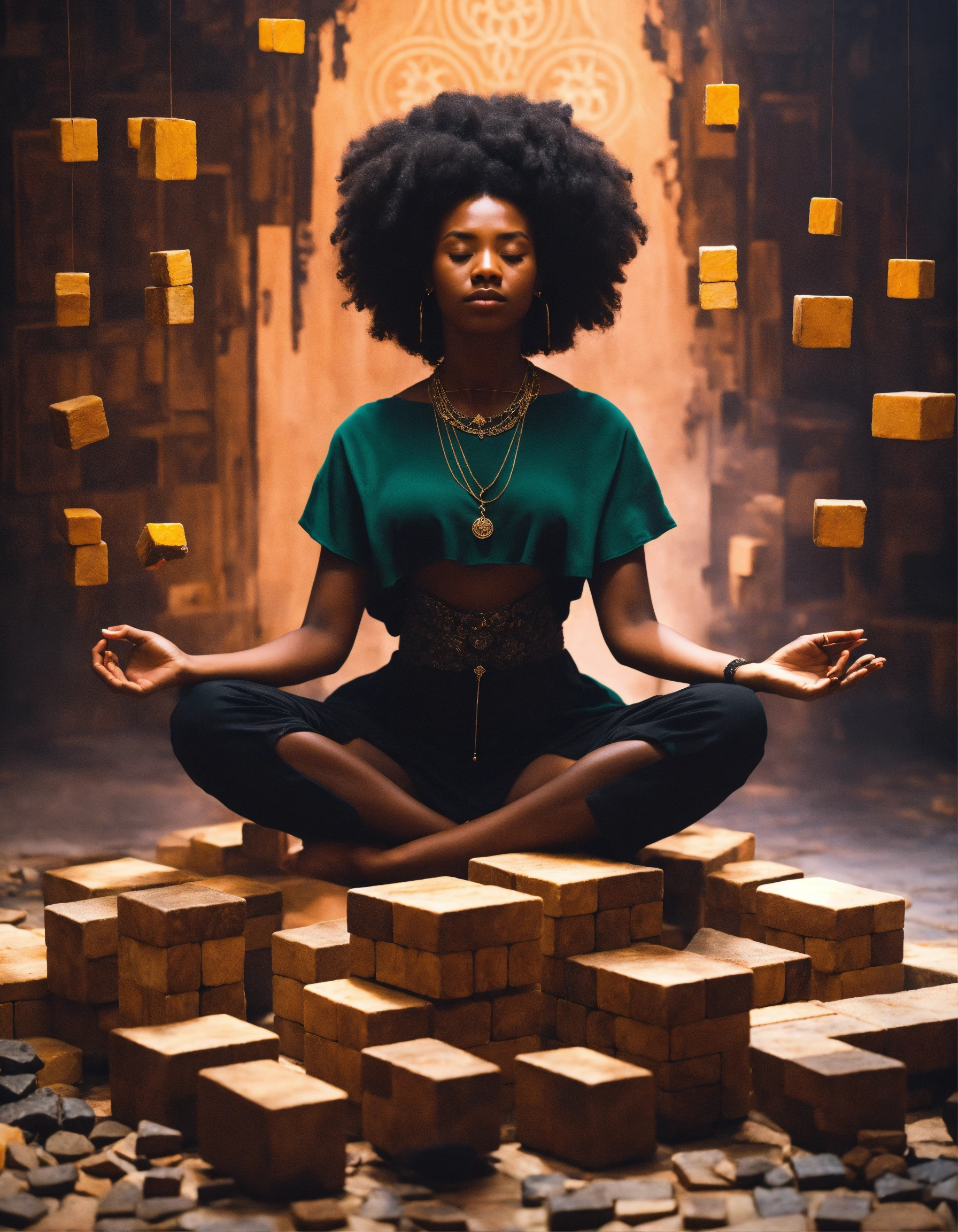 Lexica - Black woman meditating and levitating blocks with her mind ...