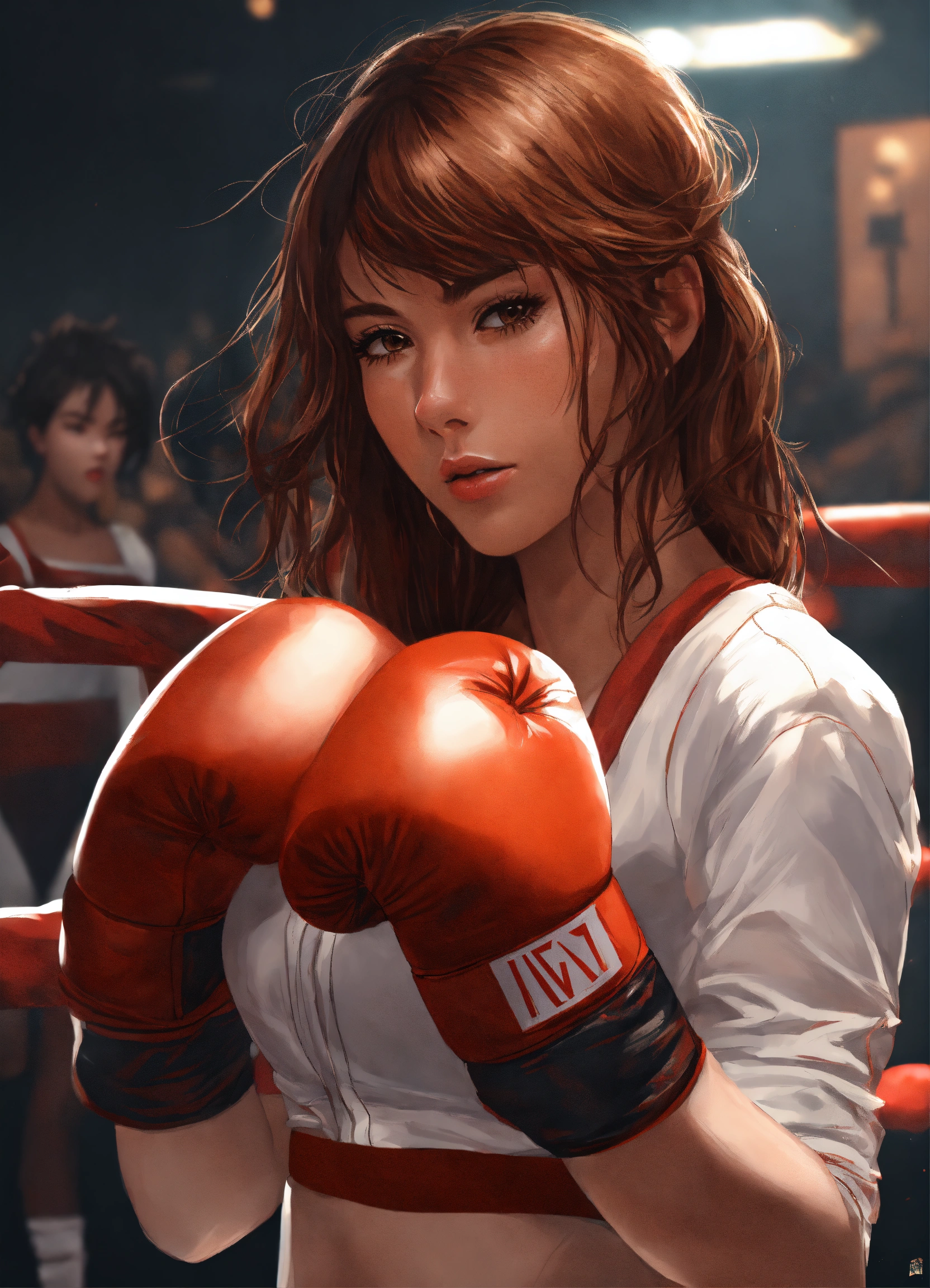 Lexica - White female, brown overgrown long hair, long bangs, boxing ...