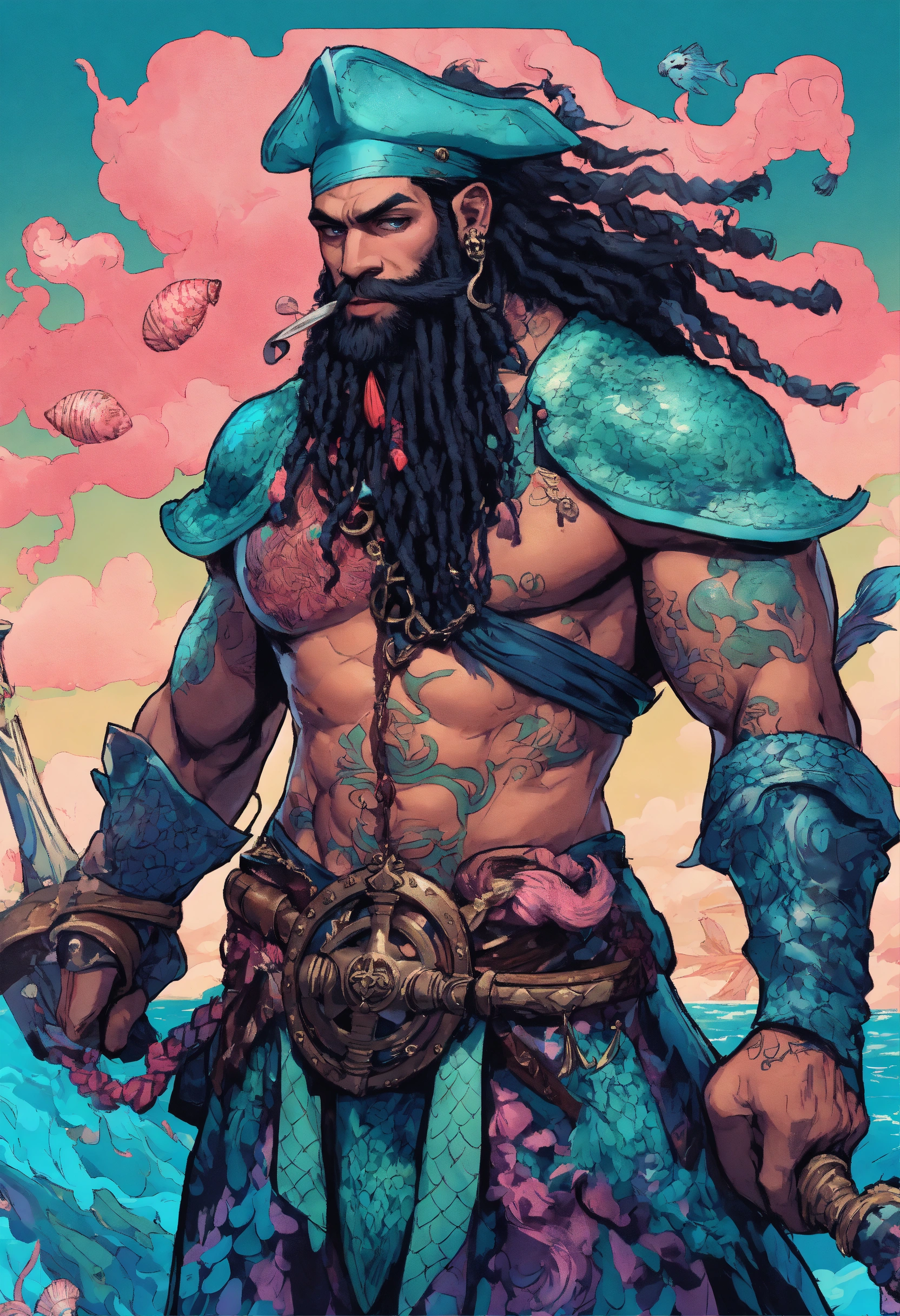 Lexica - A buff muscular Merman pirate captain with scales across his ...