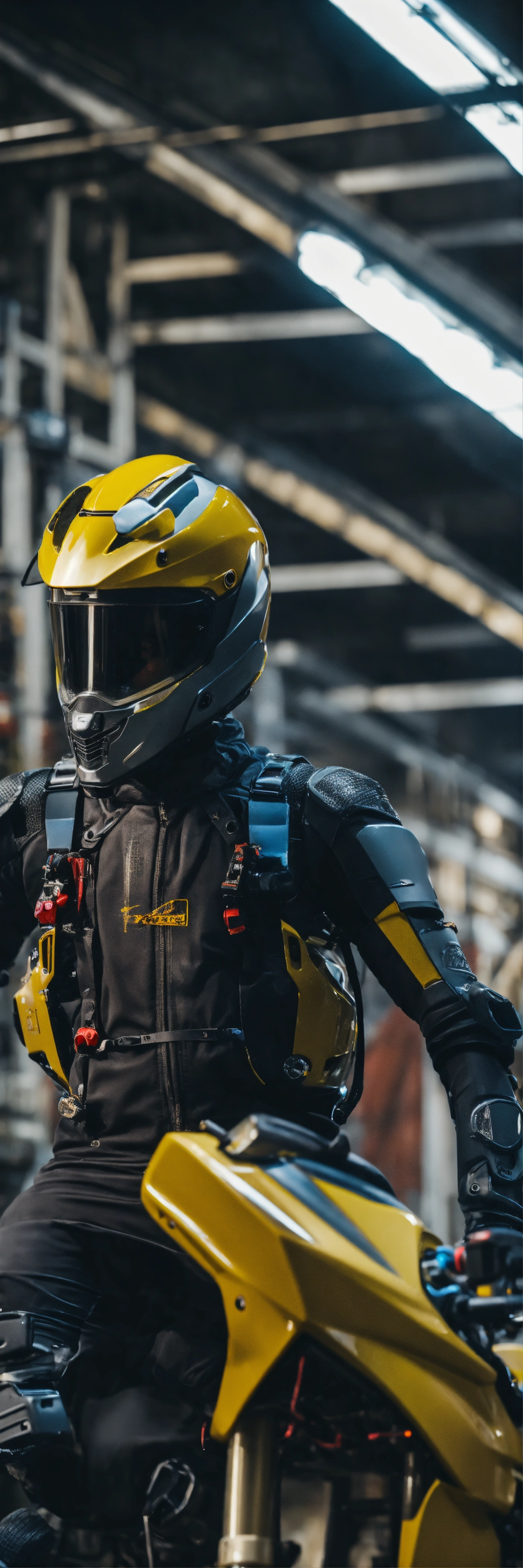 Lexica - An exoskeleton in an industrial factory, moto bike, 8k.