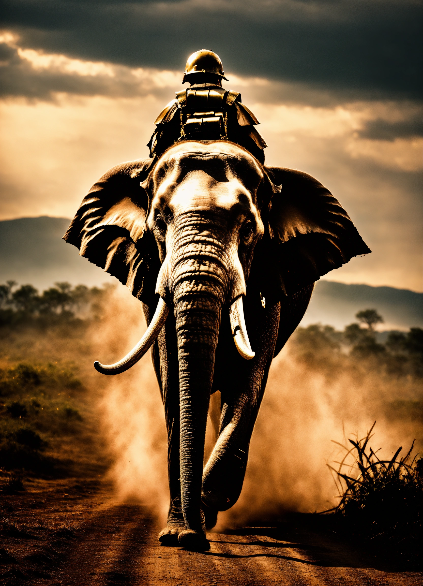 Lexica - A combat elephant wearing armor, crossing a battlefield. Bradd ...