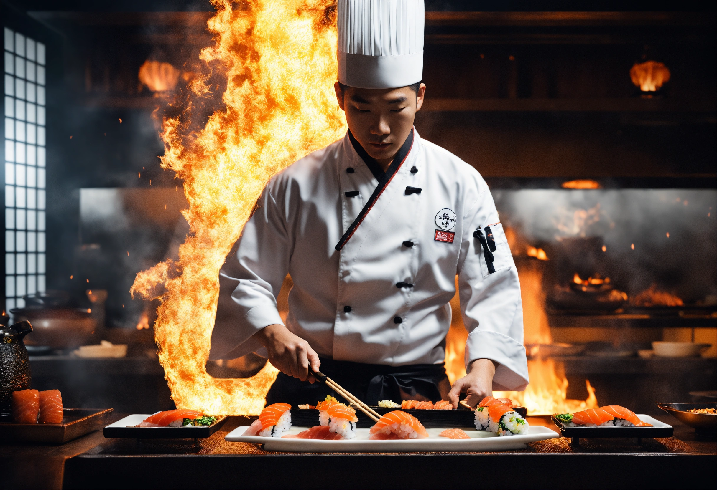 Lexica - Sushi chef with white clothes, cooking in teppanyaki table ...