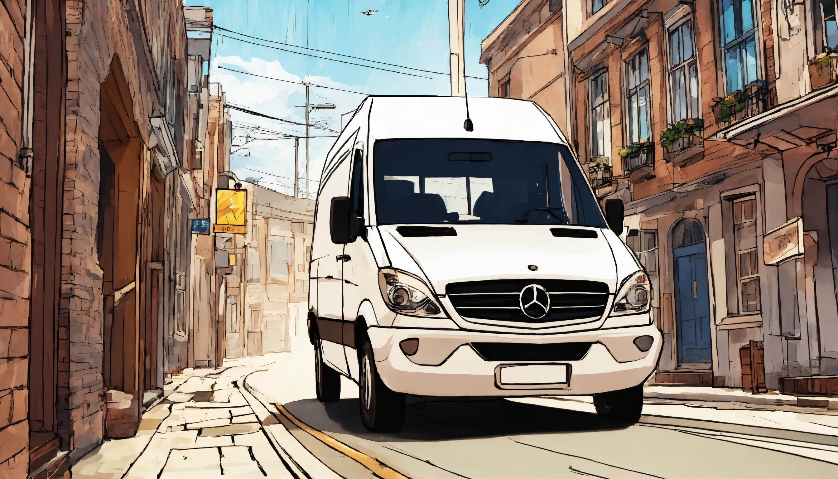 Lexica - A white sprinter is driving in full speed at a street inside a ...