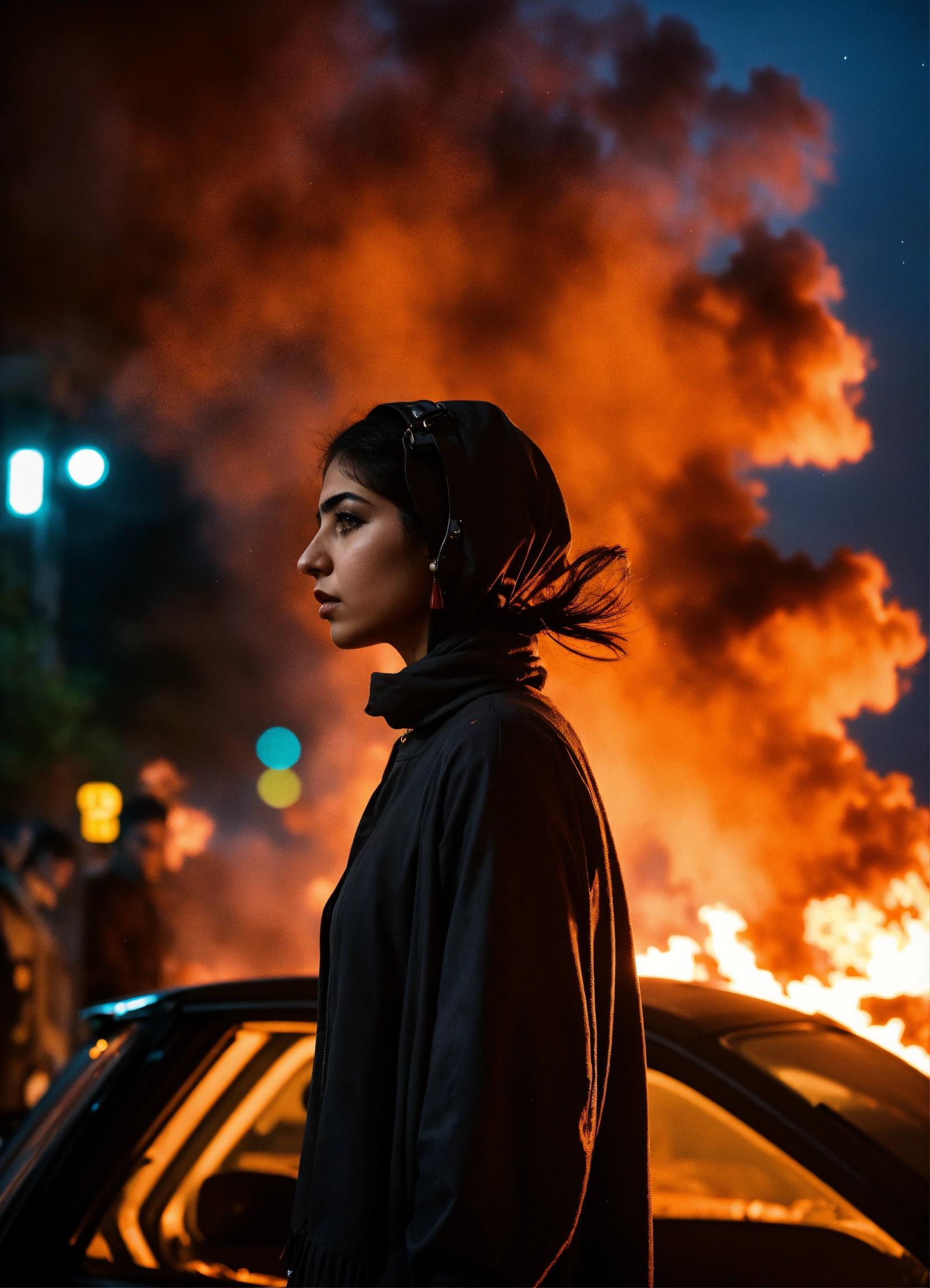 Lexica - Dark aesthetic photo, an Iranian girl amidst a chaotic street ...