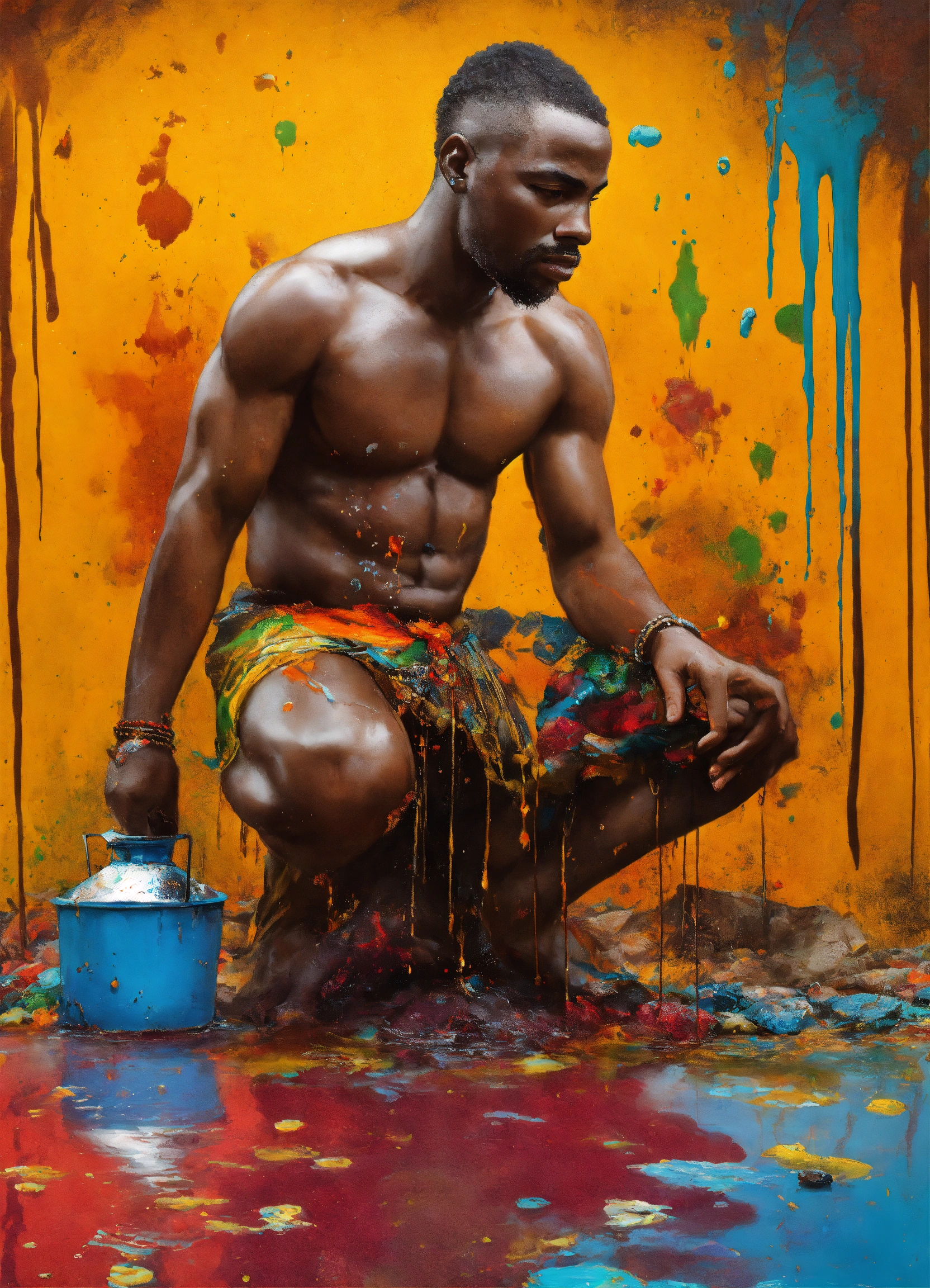 Lexica - African,A male artist fights against a large paint pot,african ...