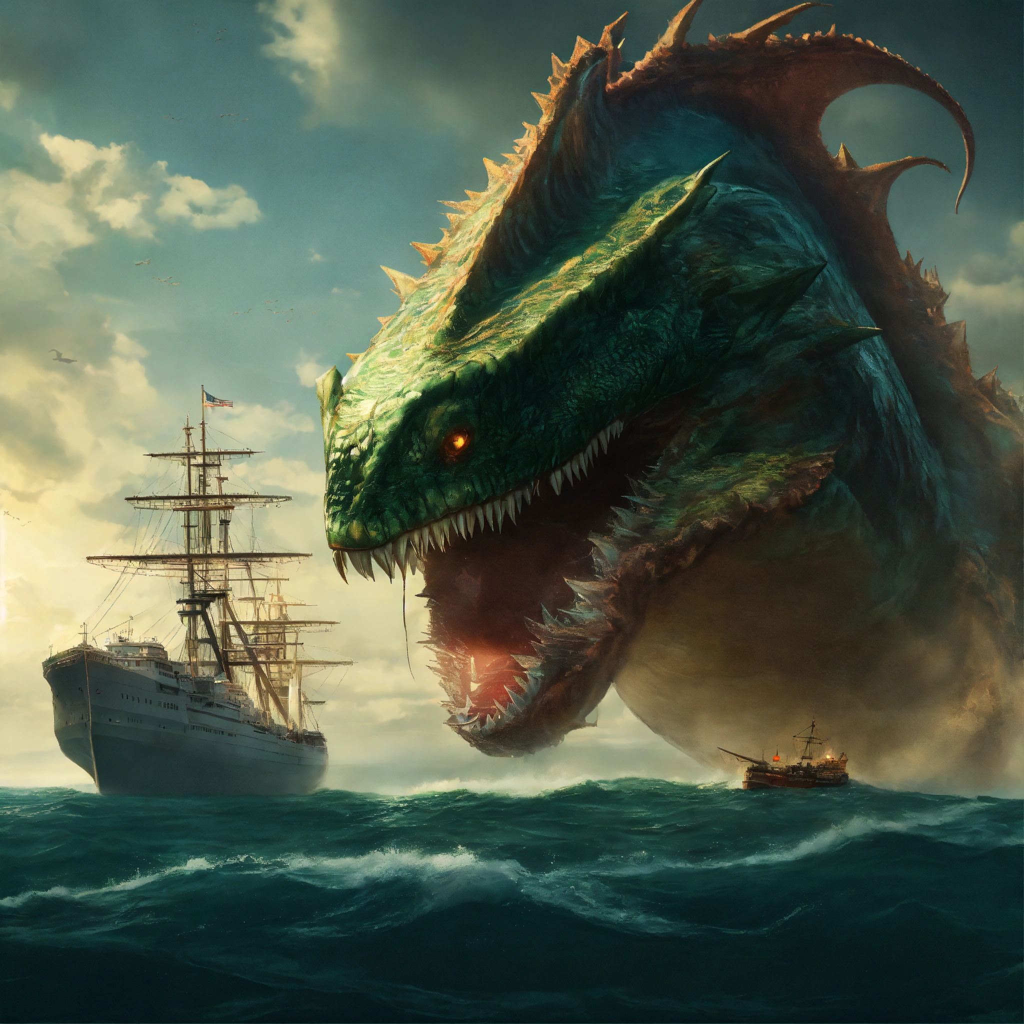 Lexica - Giant sea monster looming over a massive ship, making the ship ...