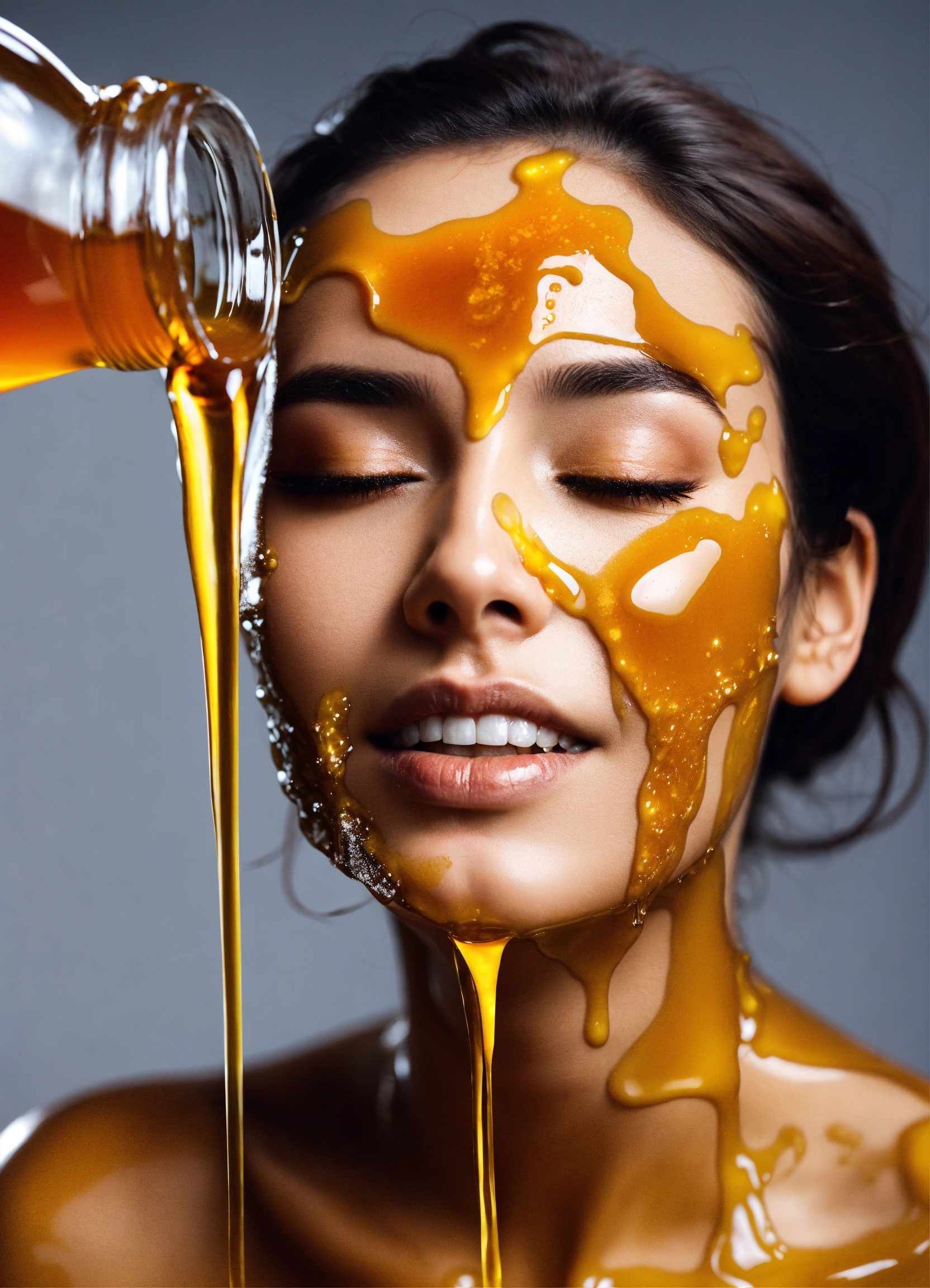 Lexica - Woman enjoying honey being poured on her face, hyper realistic