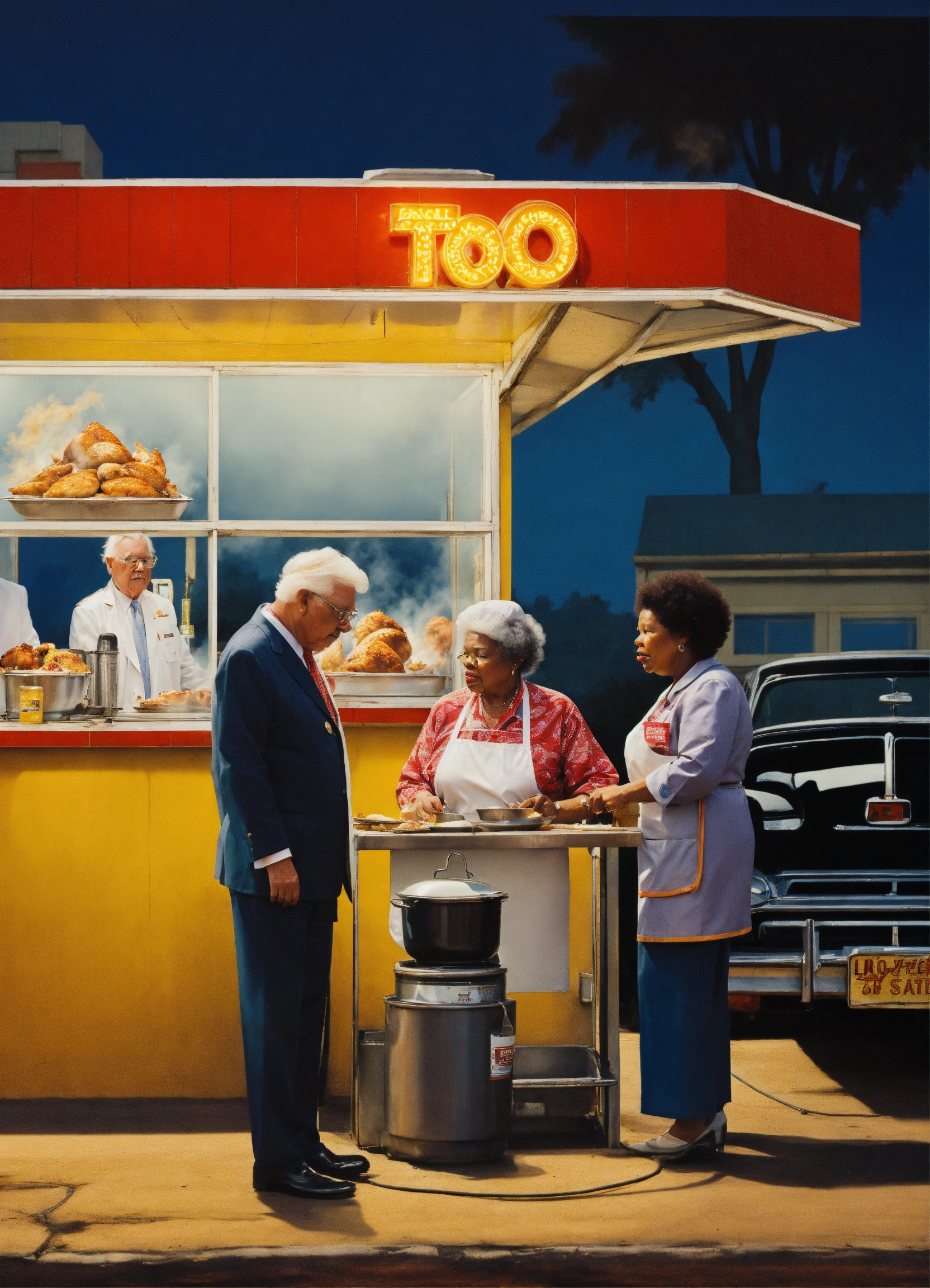 Lexica - Colonel Harlan Sanders (a white man) standing beside two old ...