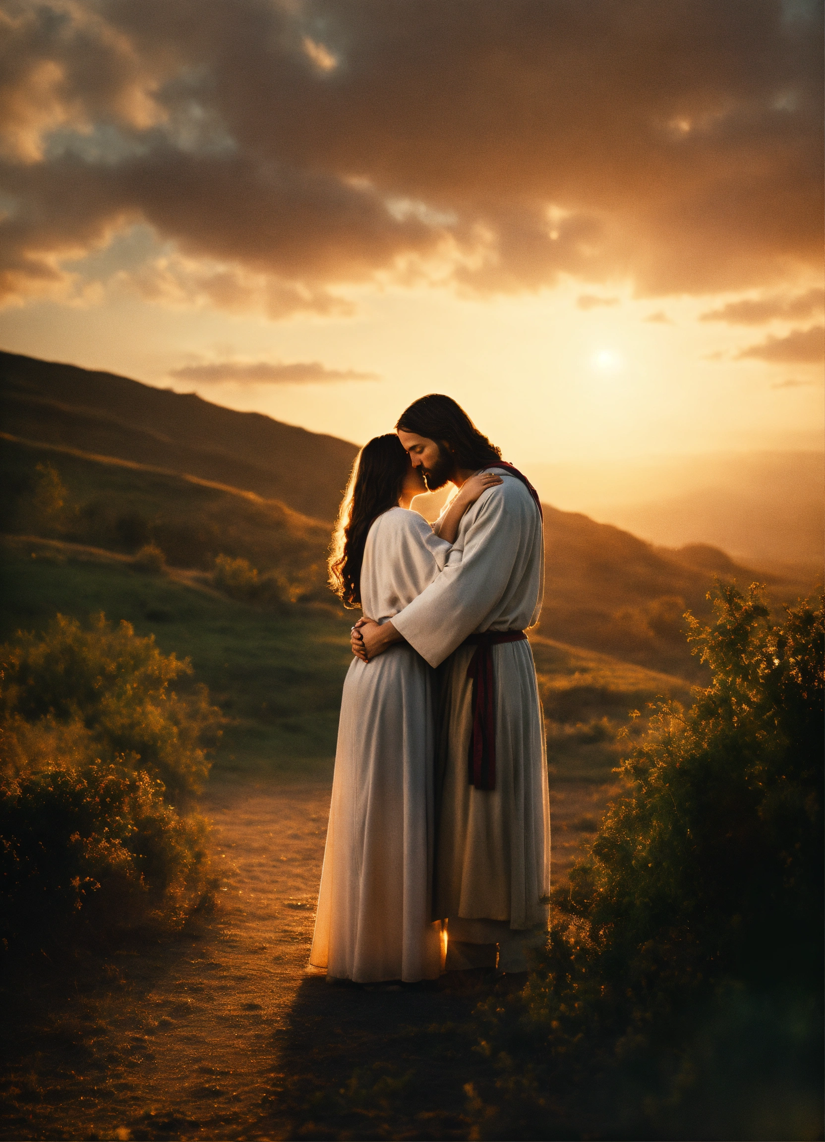 Lexica - Jesus hugging a woman, realistic, cinematic, backlight