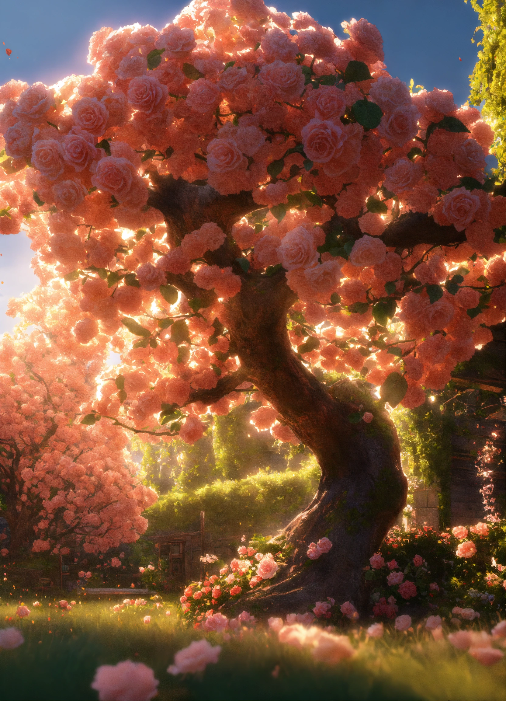 Lexica - Photo of 8k,A tree full of champagne roses,full of colour ...