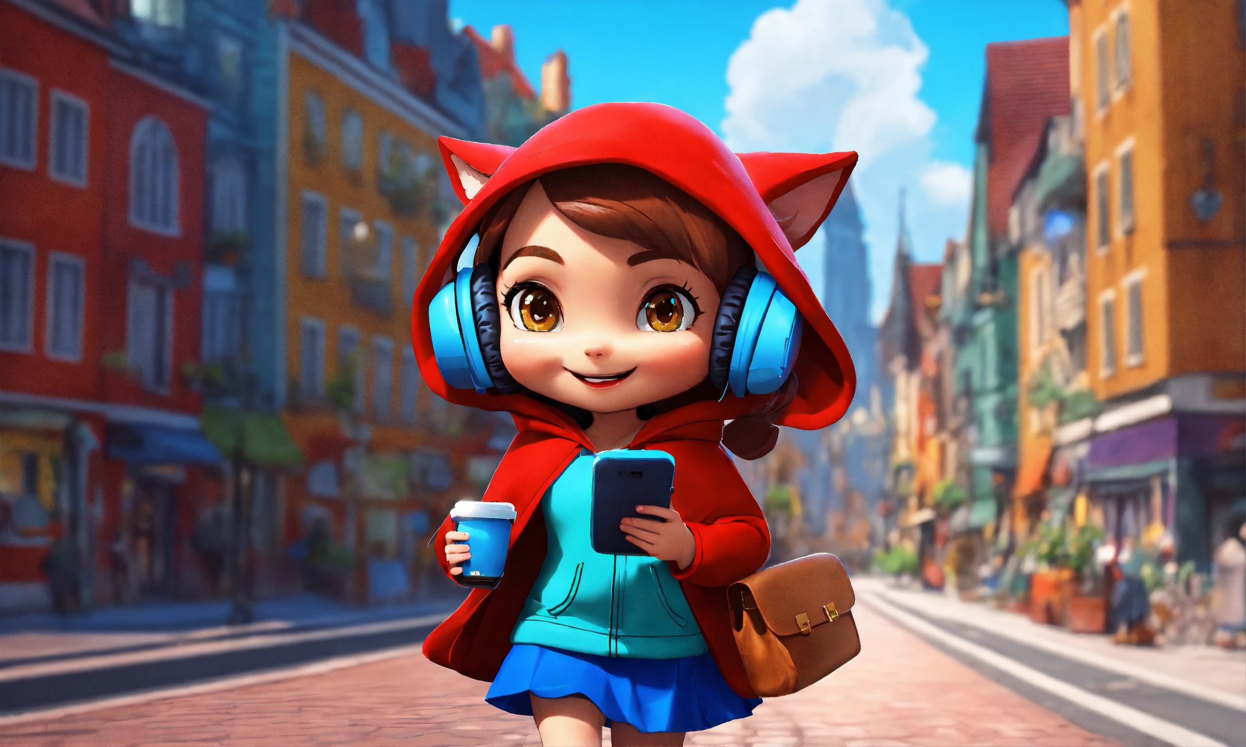 Lexica - Cartoons smiling modern Red Riding Hood, wearing short blue ...