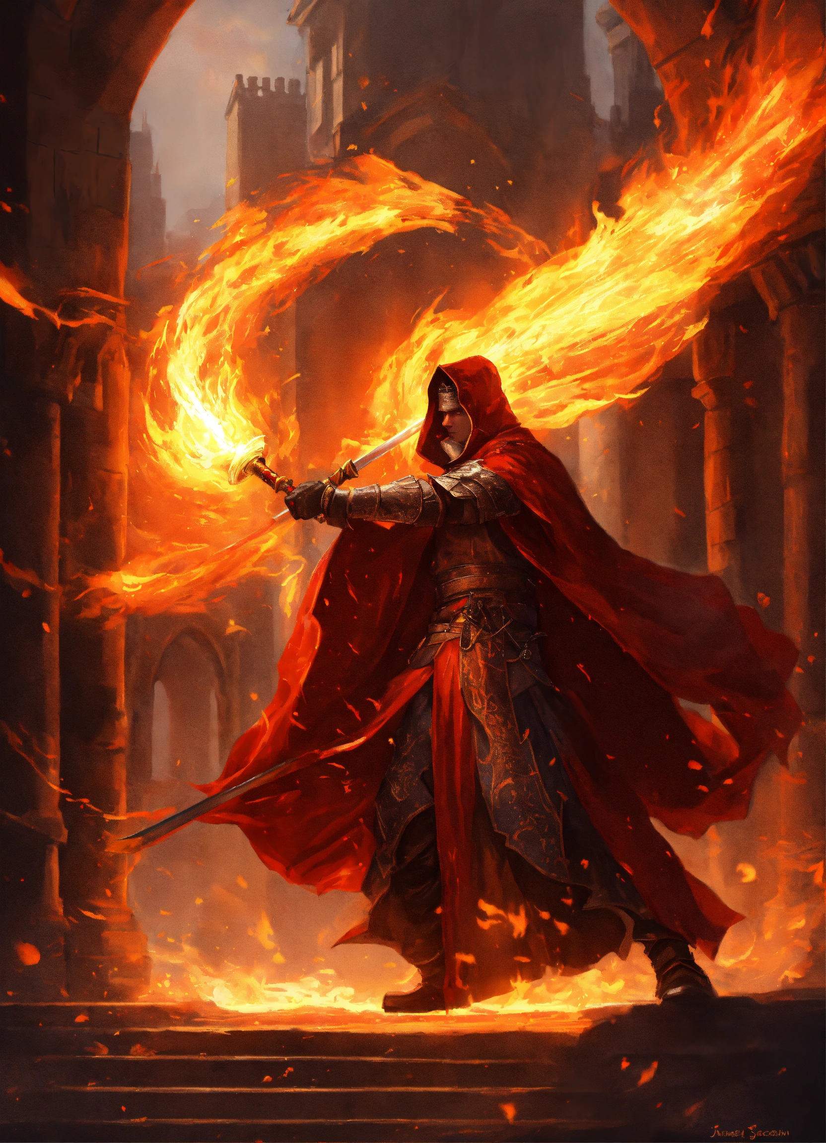 Lexica - Red robes sorcerer casting fire magic in an arc, flame ...