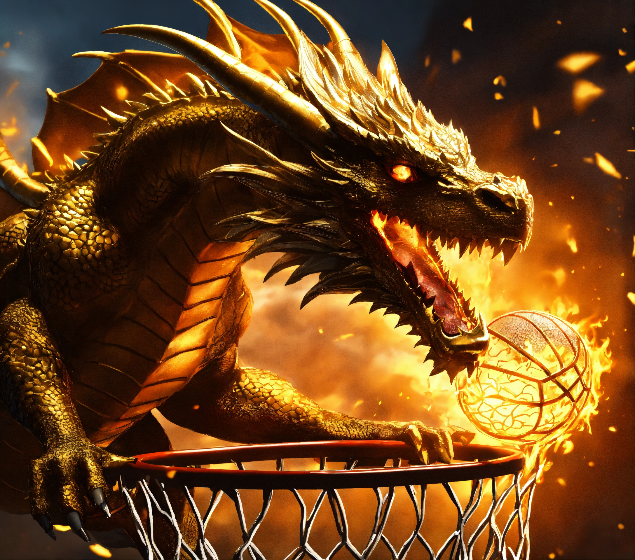 Lexica - A scary strong gold dragon with basketball shooting fire ...
