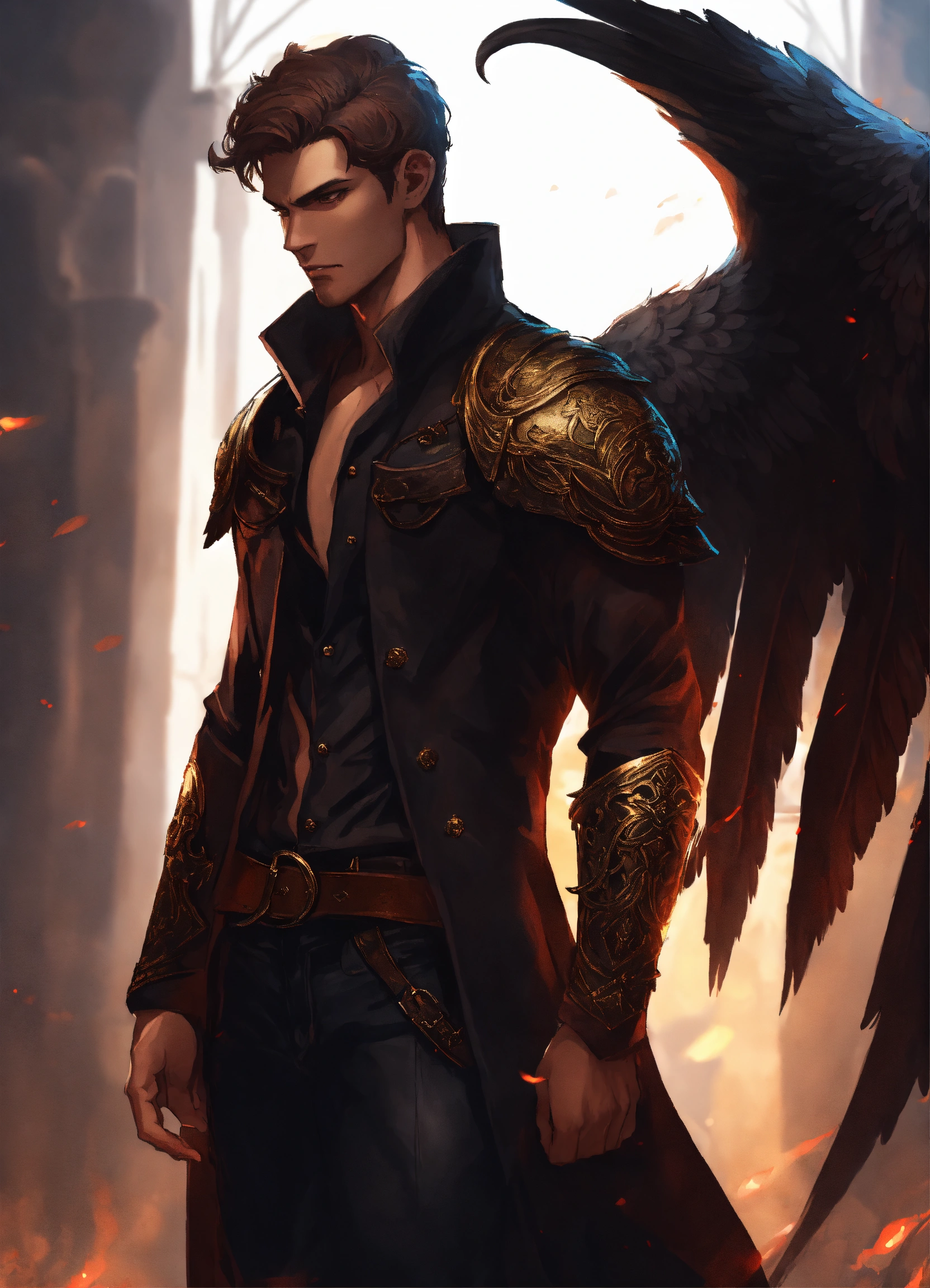 Lexica - A handsome demon man huge black angel wings, and short brown ...