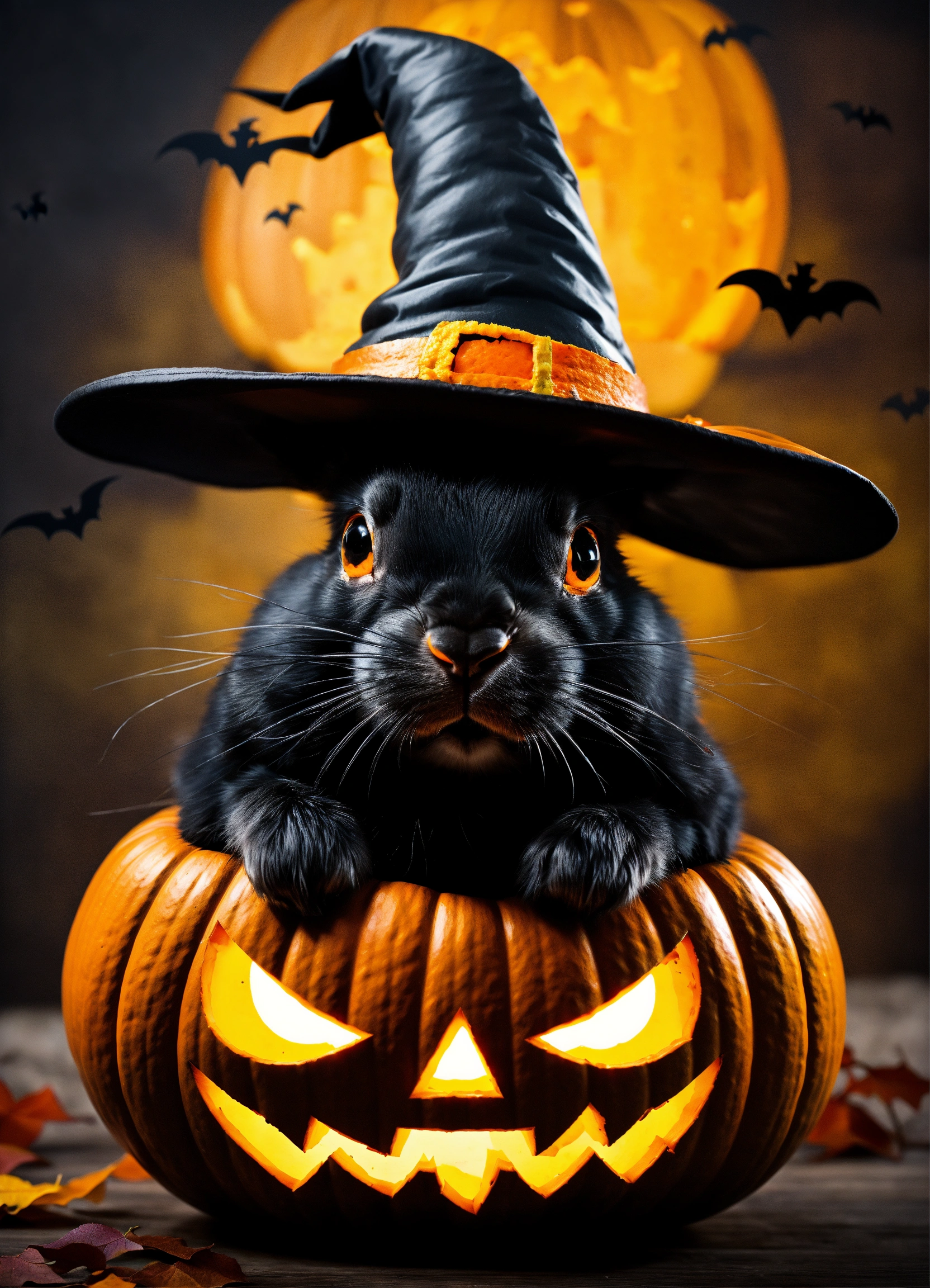 Lexica - Spooky black rabbit with orange eyes wearing a witches hat ...