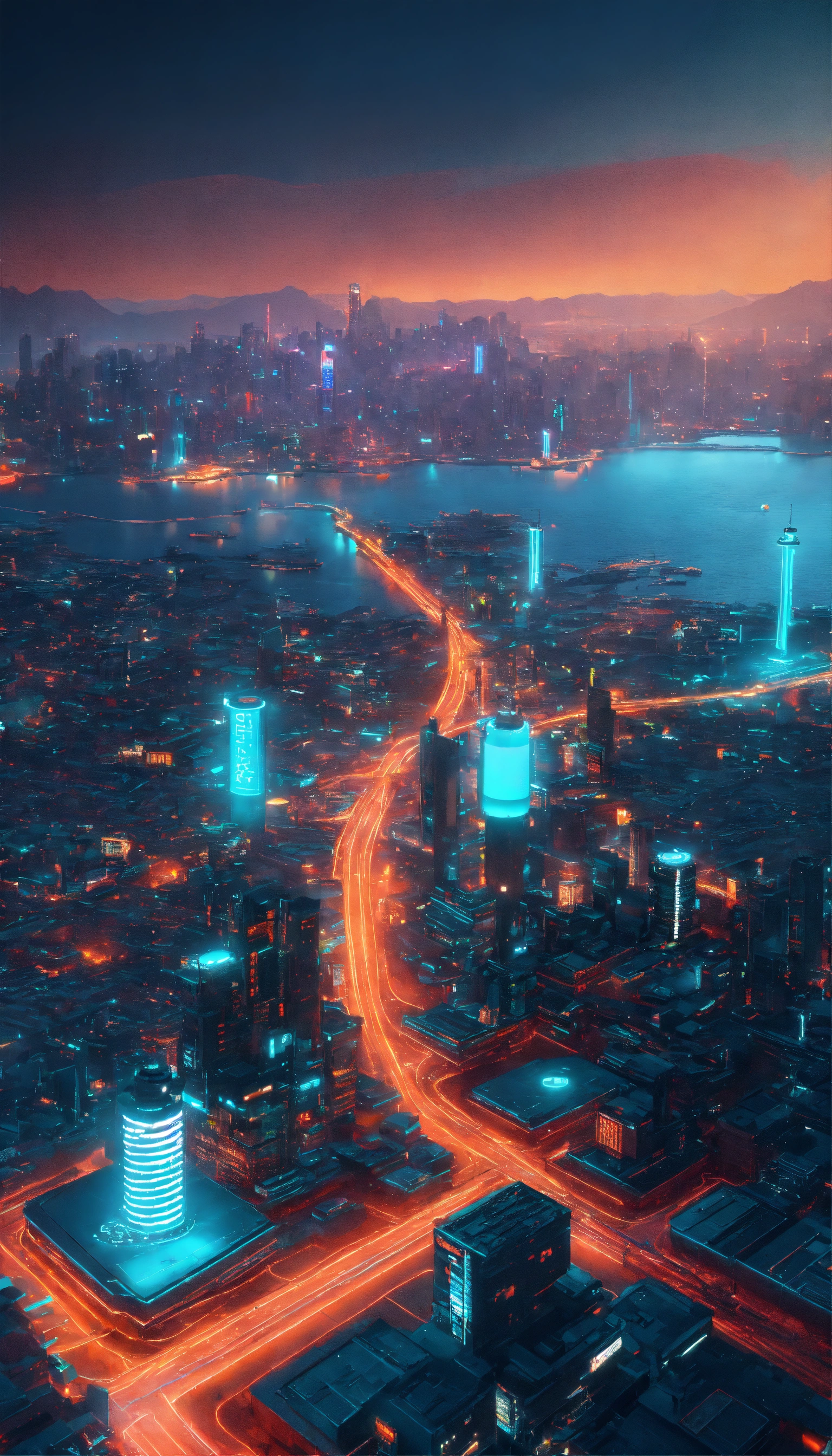 Lexica - Aerial drone view toward futuristic city with neon light at ...