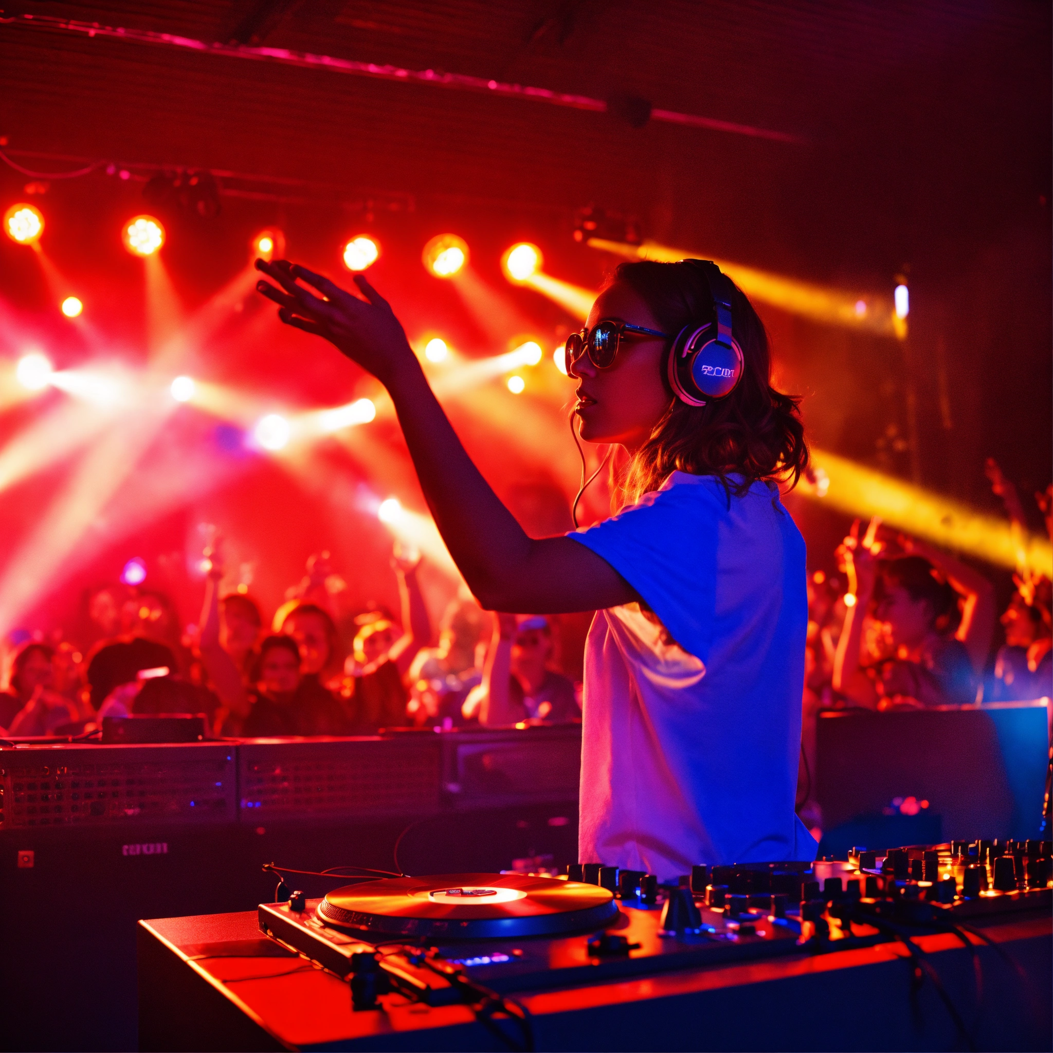 Lexica - Woman DJing at a concert, bright red light behind her, hands ...