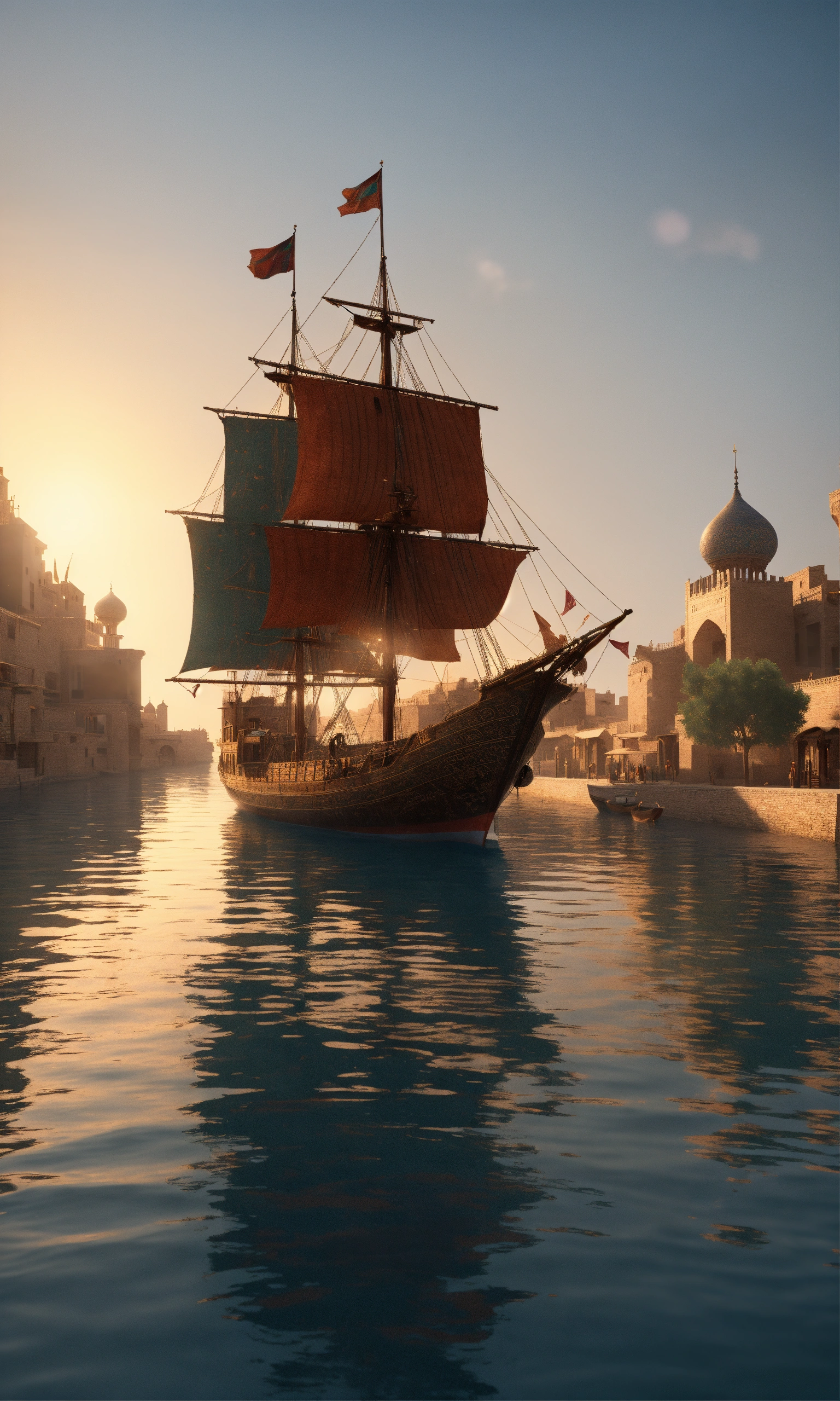 Lexica - Xebec ship sailing on the sea, with Persian town based on ...