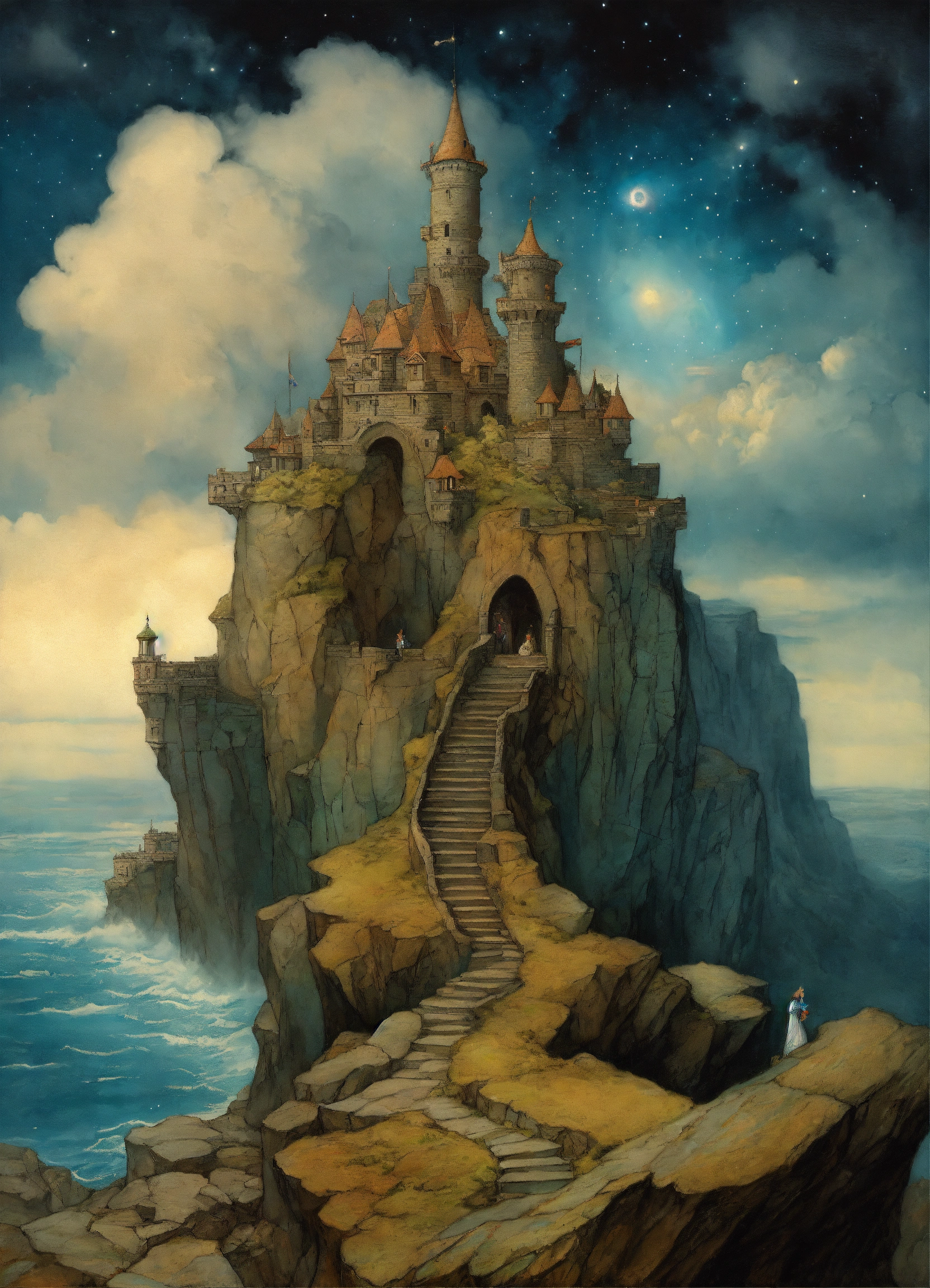 Lexica - Castle atop a mountain, staircase winding around the castle ...