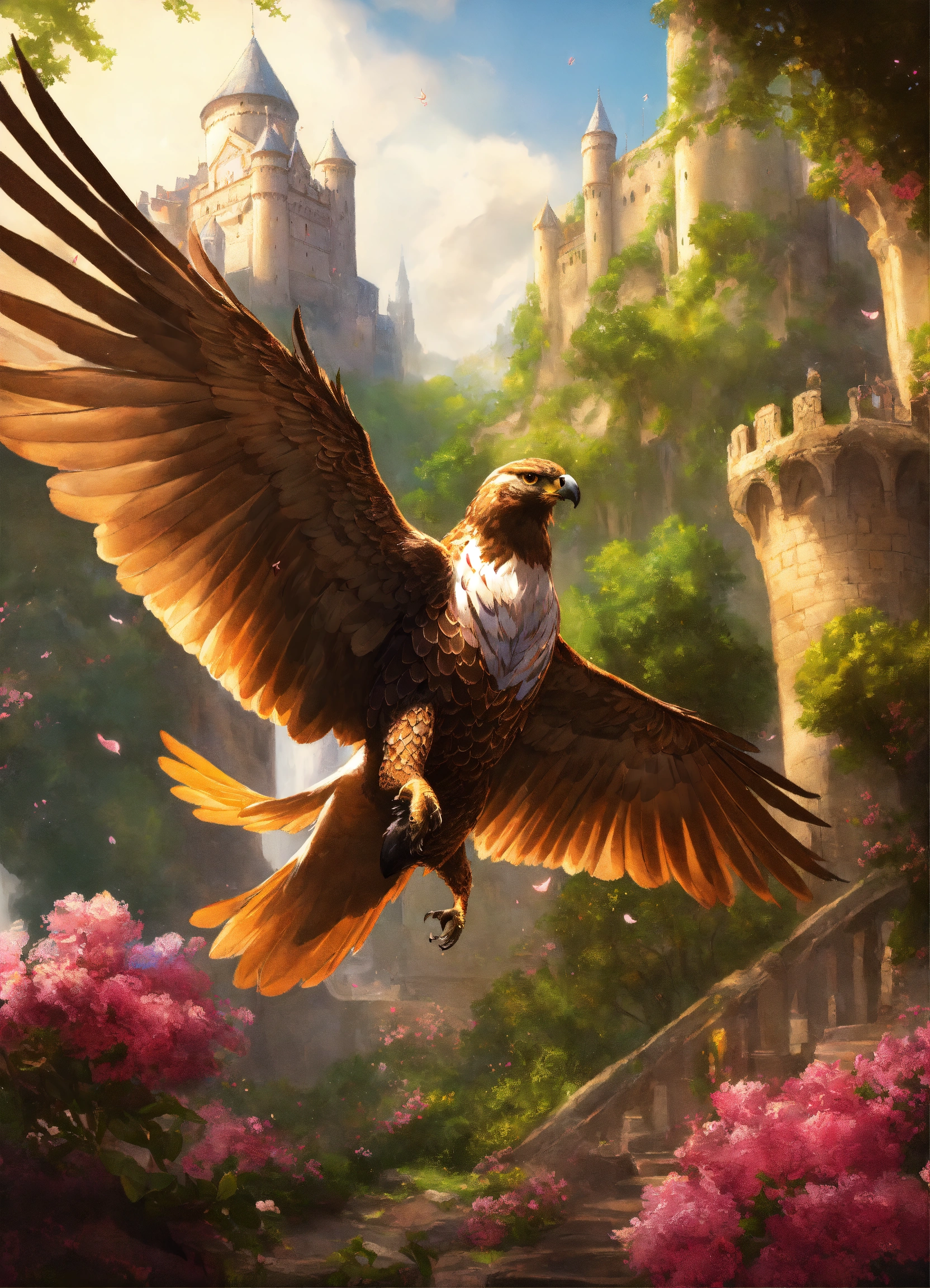Lexica - Big animal falcon, wears magical armor, flying around castle ...