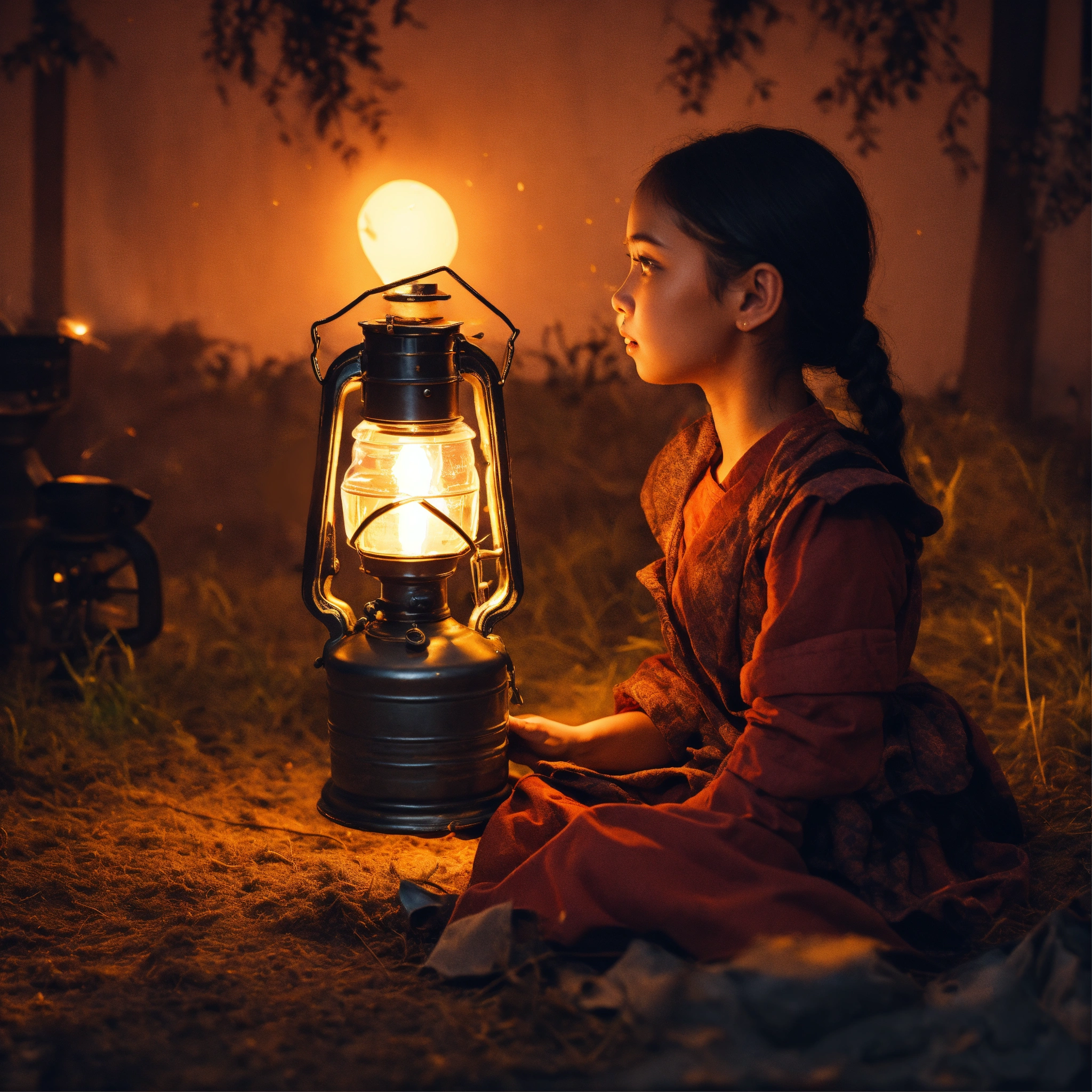 Lexica - Person holding kerosene lamp, girl, fantastic