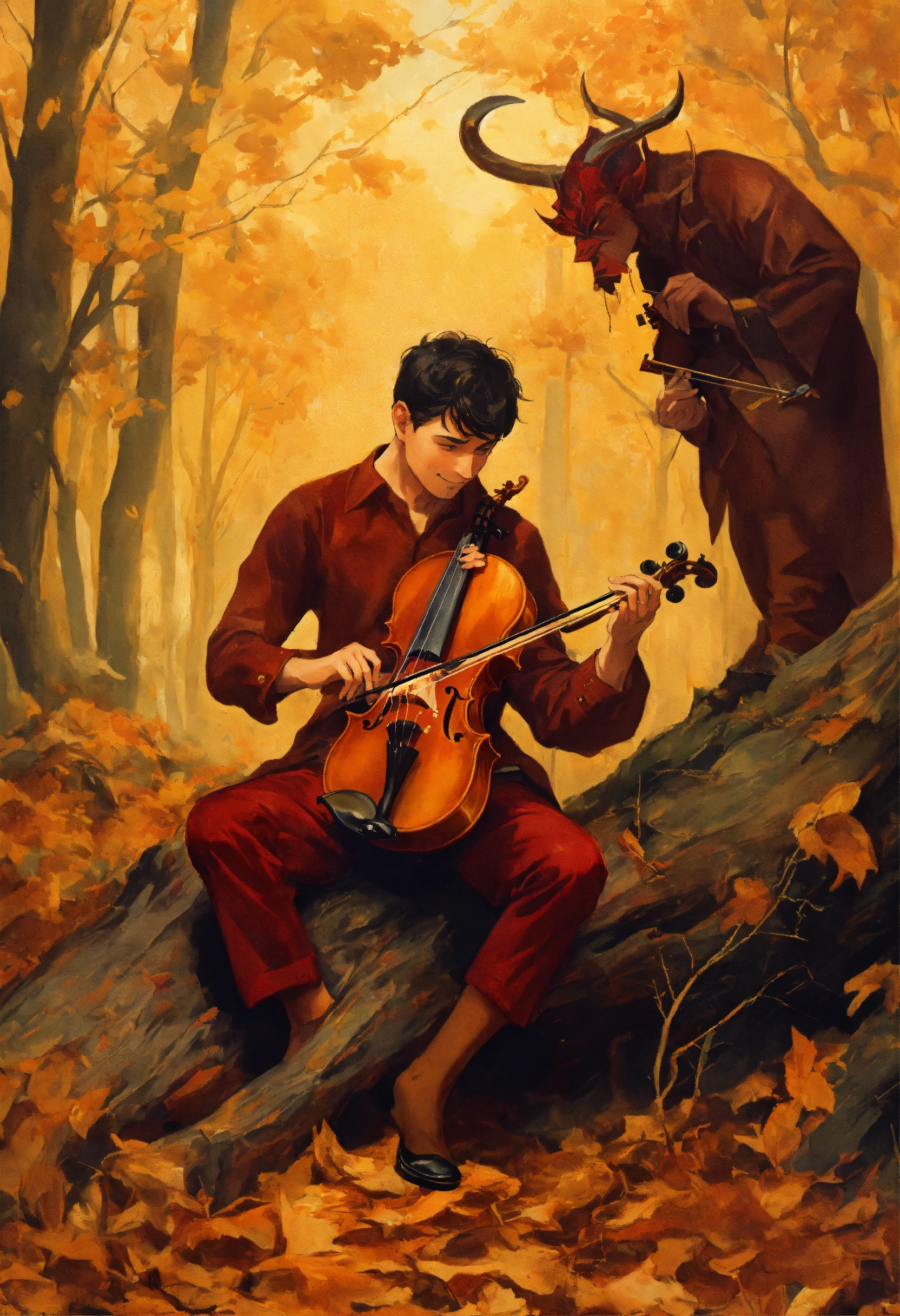 Lexica - A young man is rosining up his violin bow as the devil sits on ...