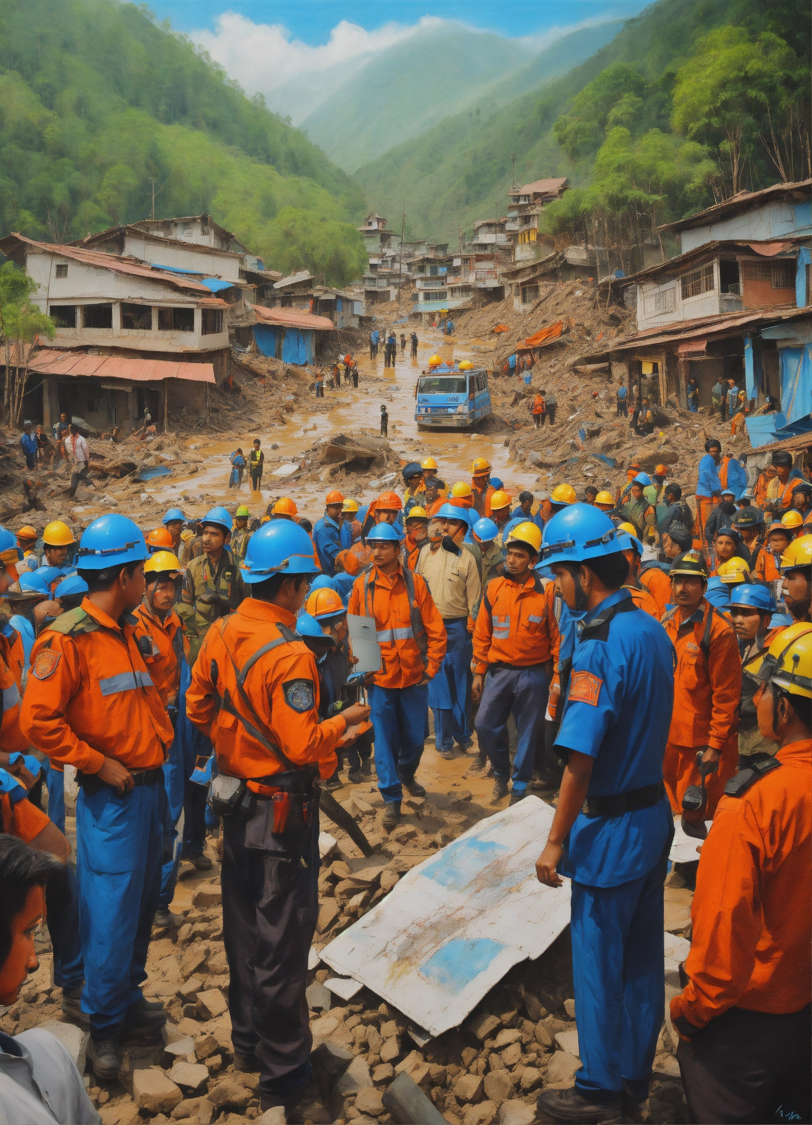 Lexica - A hand drawn painting of a team of rescue officers, engineers ...