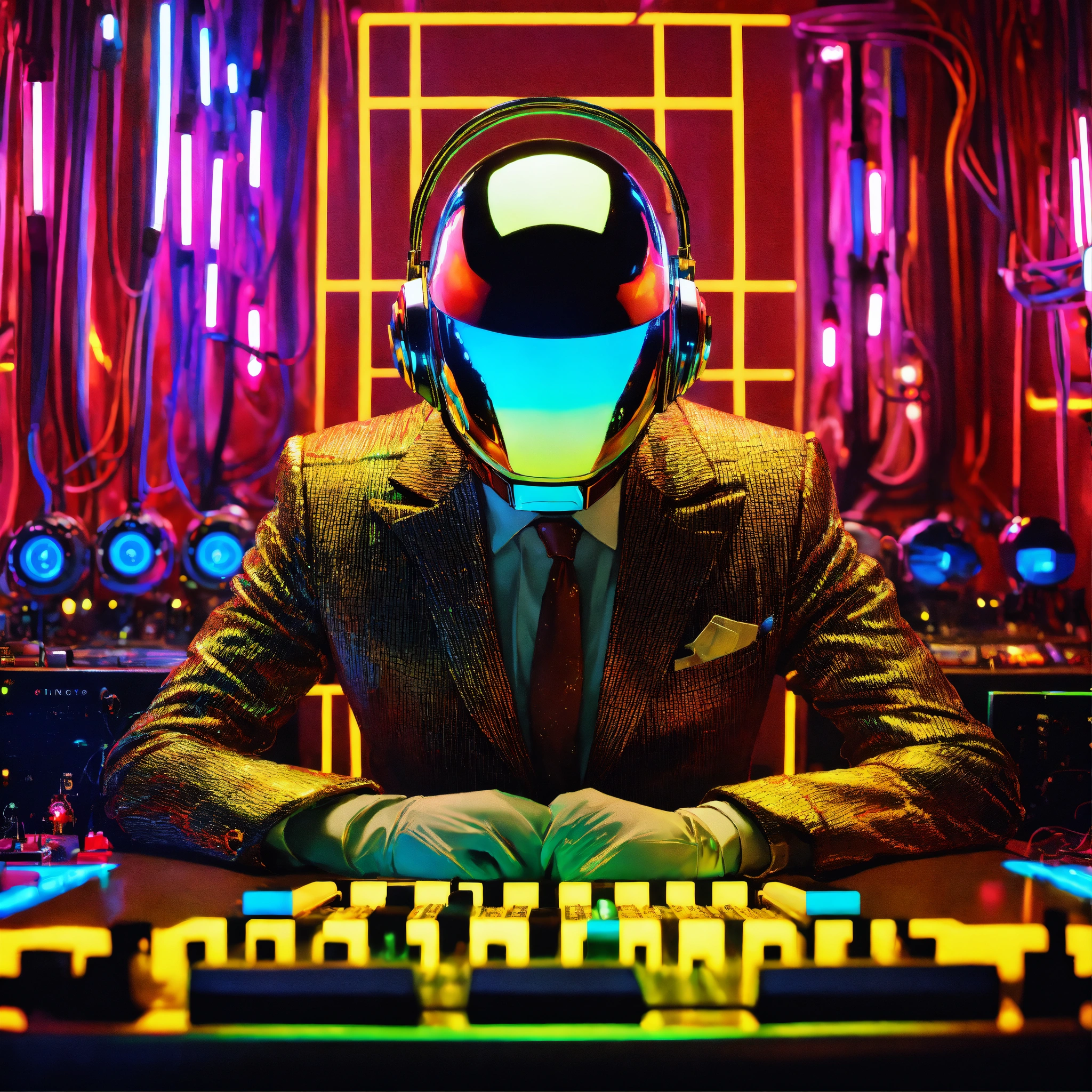 Lexica Close Up Portrait Photography One Of The Daft Punk Robots Dressed In Suits In A Neon