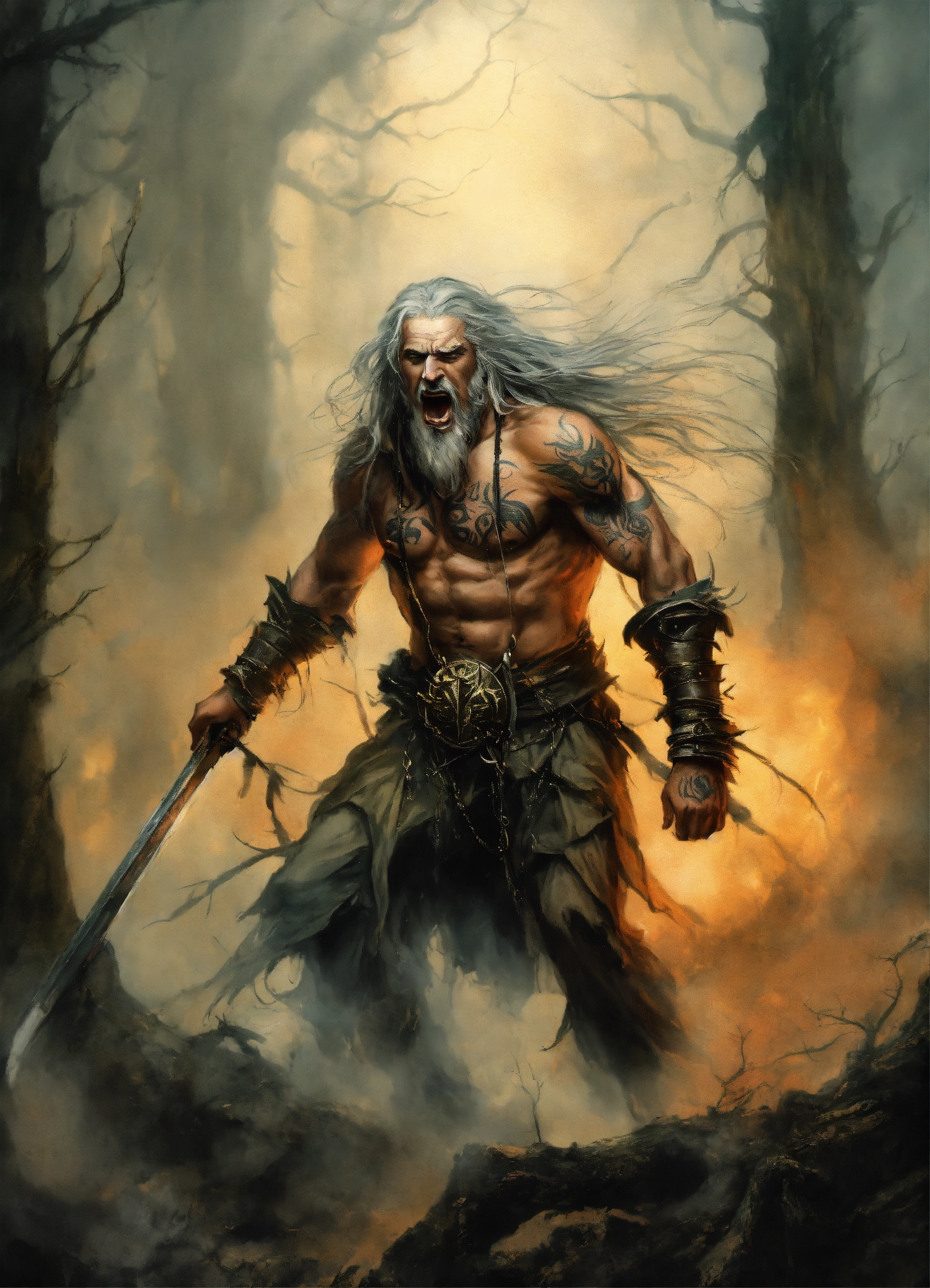 Lexica - In the style of Luis Royo, a gaunt old tattooed hermit with ...