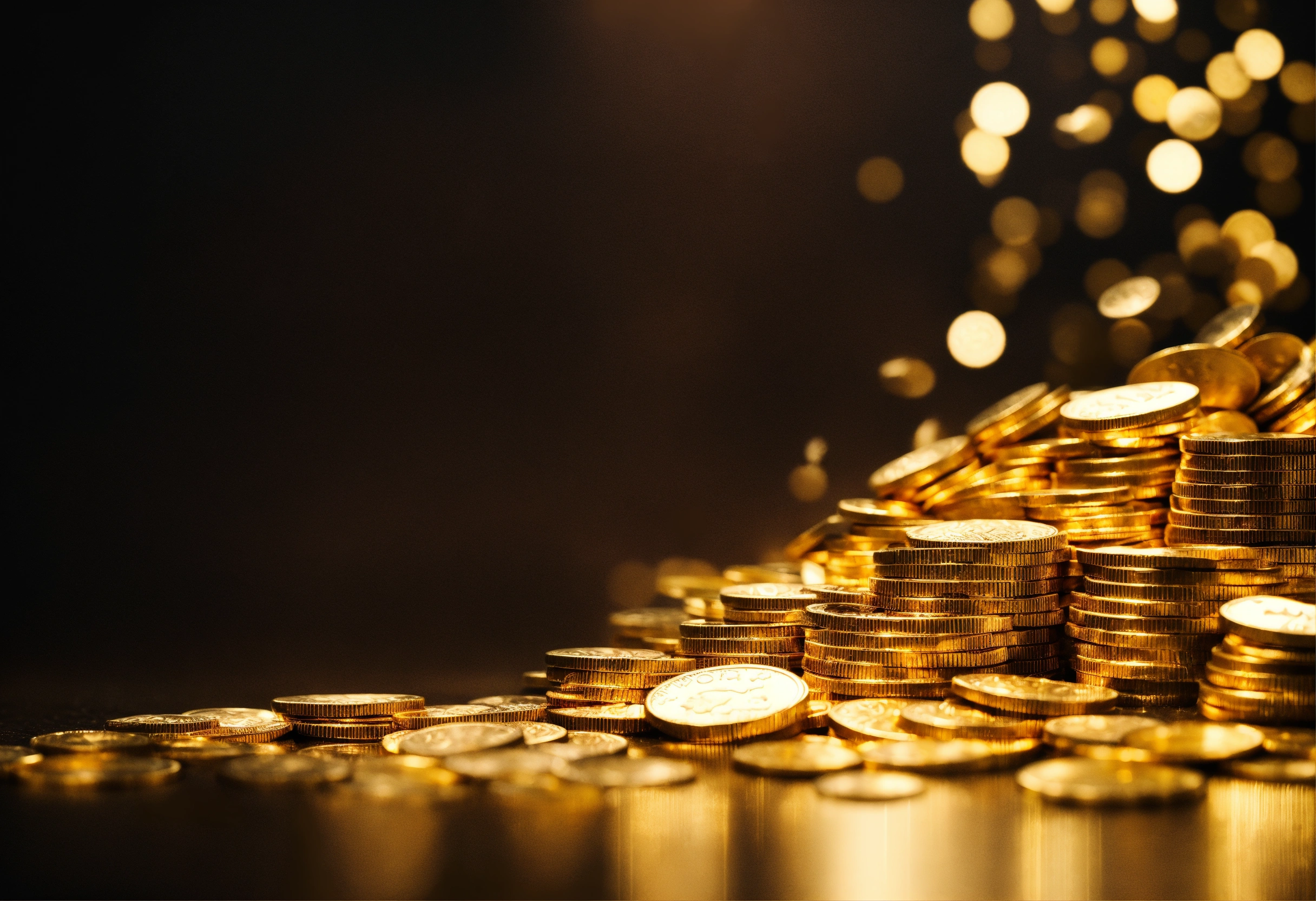 Lexica - Thrown gold coins shiny dark background