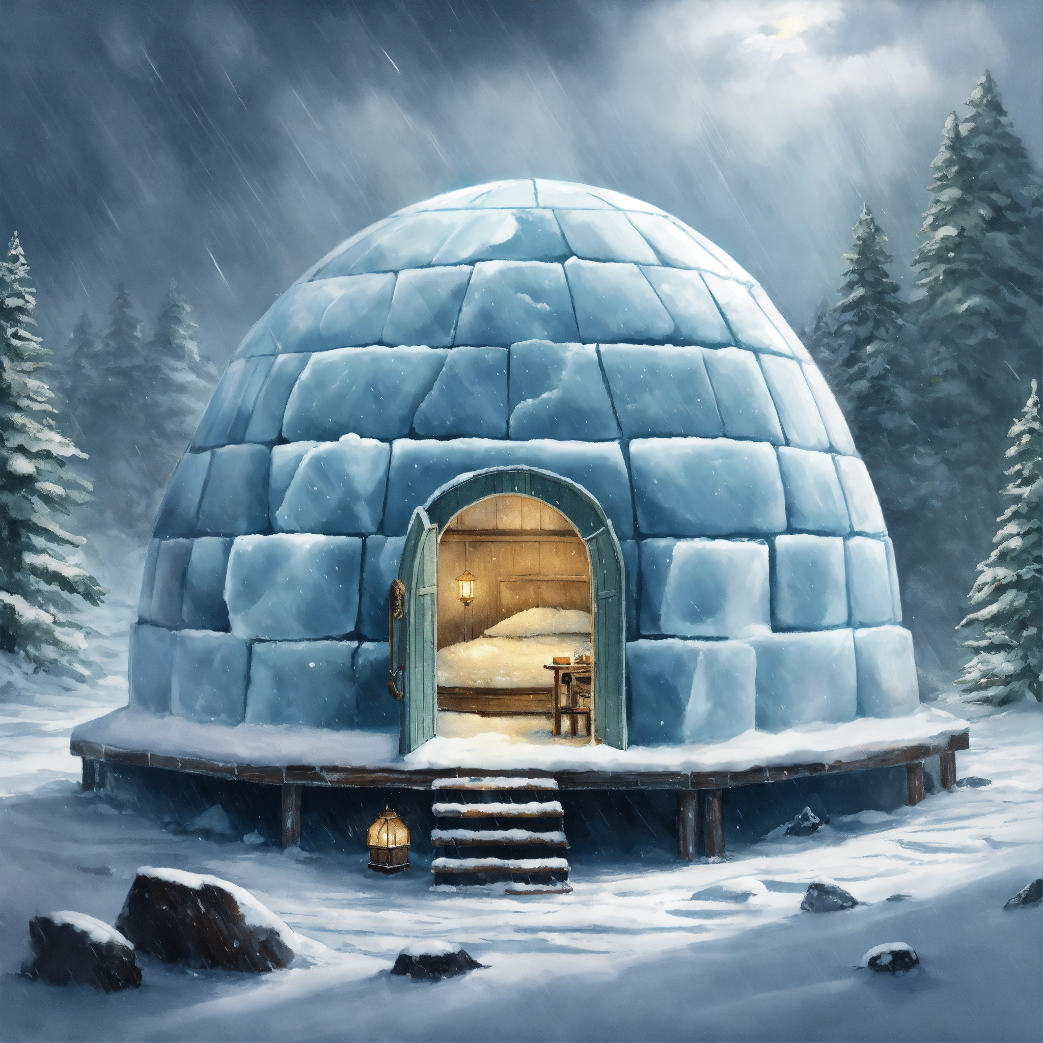 Lexica - A detailed illustration of a igloo on a floating iceberg in a ...