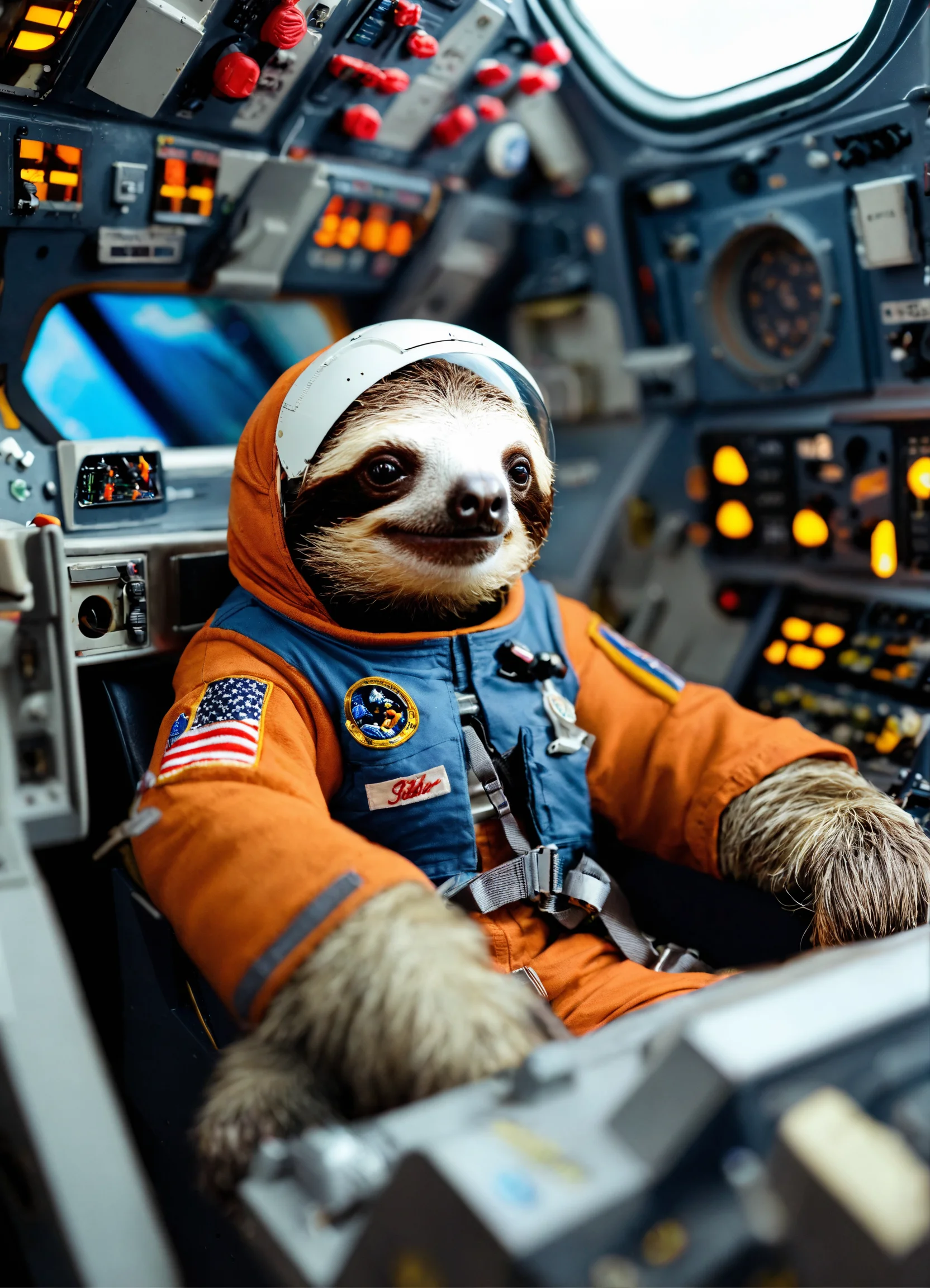 Lexica - A cute and tiny sloth captain inside the Space Shuttle's ...
